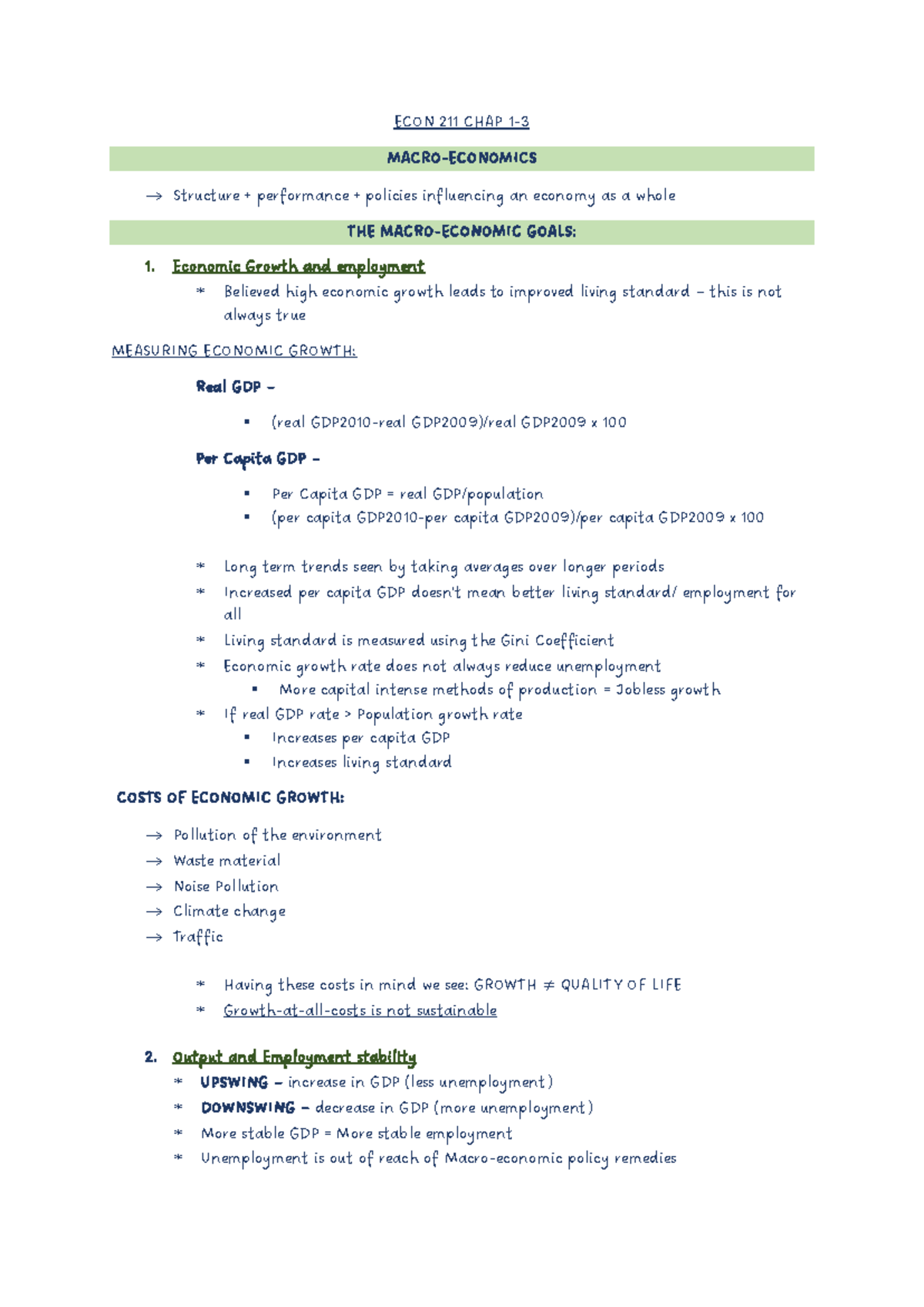 ECON 211 EXAM Notes: Economic Growth, Inflation, and Policy Impacts ...