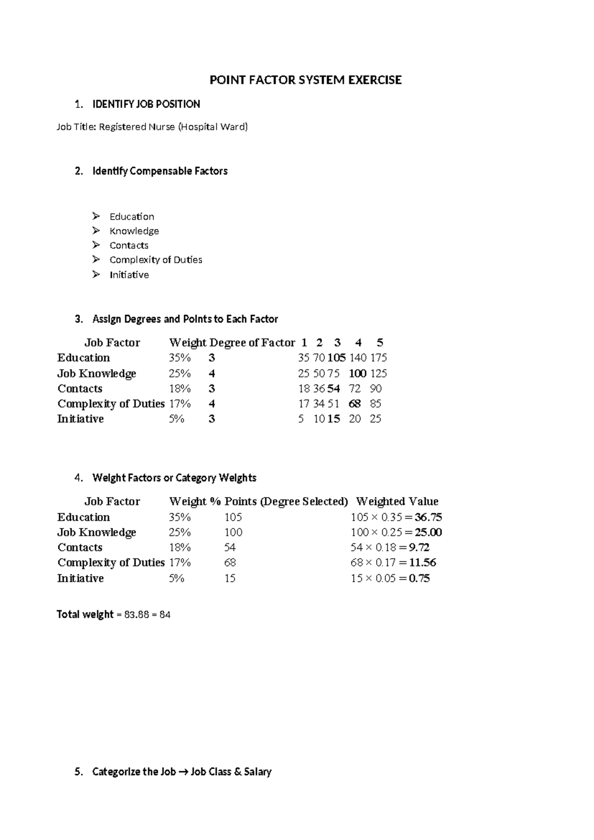 POINT FACTOR SYSTEM EXERCISE: JOB POSITION ANALYSIS - Studocu