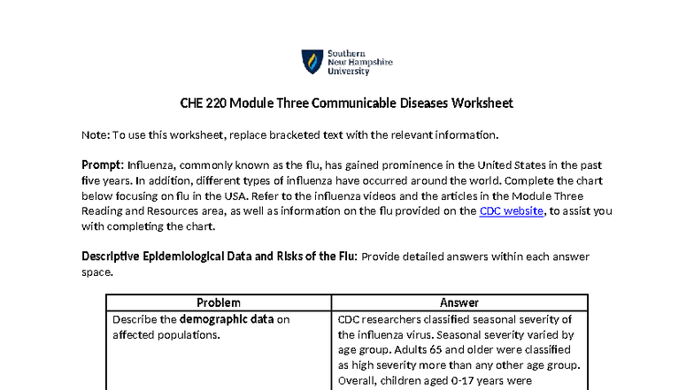 CHE 220 Module Three Influenza Epidemiology Worksheet - Studocu