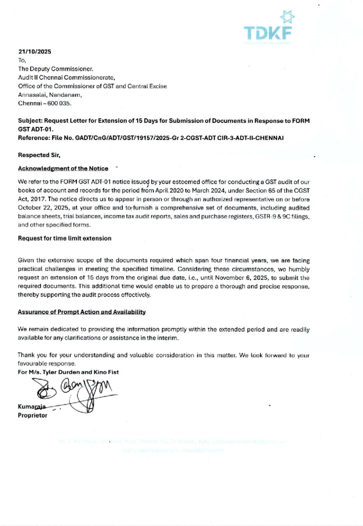 GST Audit Extension Request - TDKF 15-Day Submission Delay - Studocu