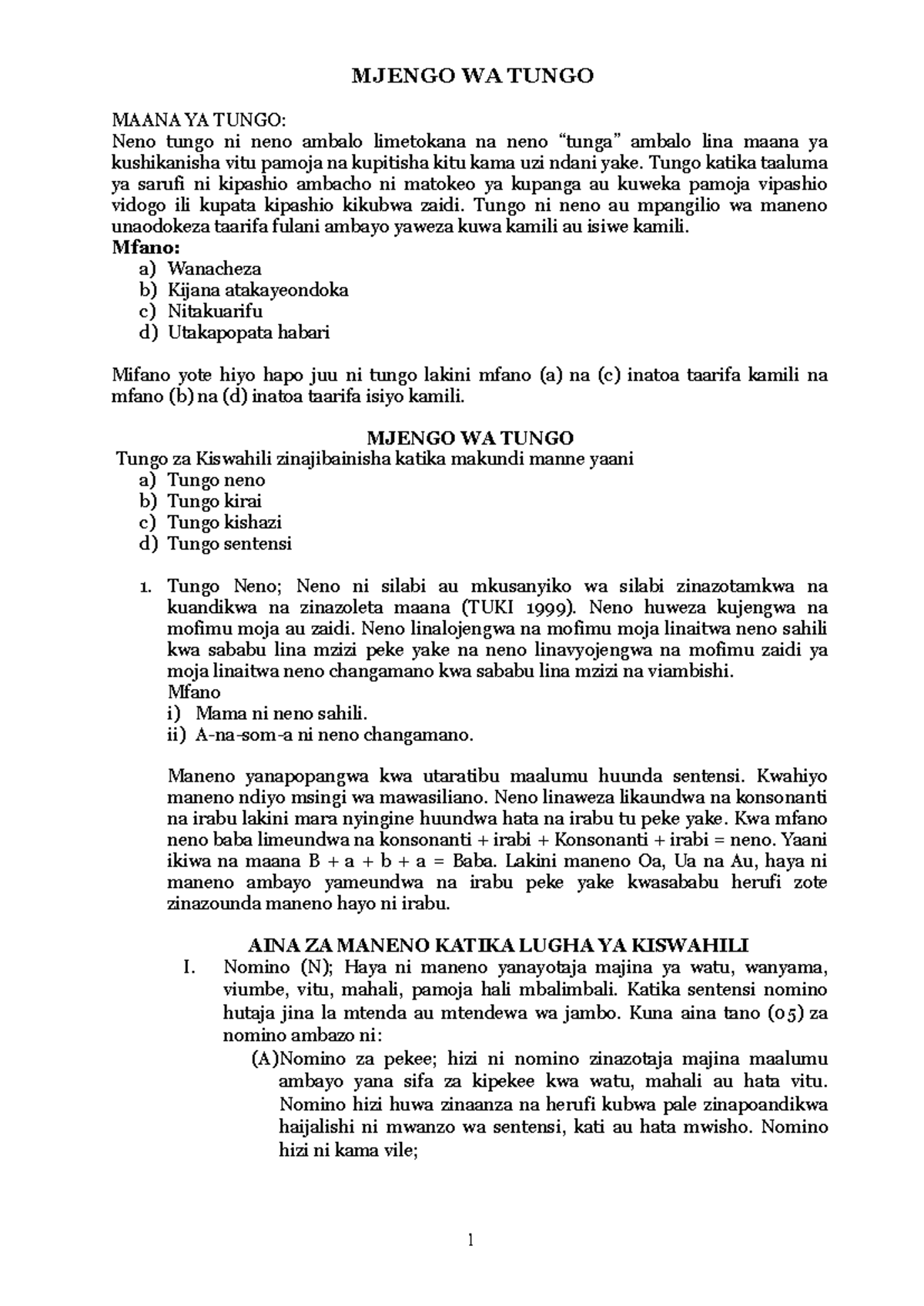 MJENGO WA TUNGO: Maana na Aina za Tungo katika Kiswahili - Sarufi Na 02 - Studocu