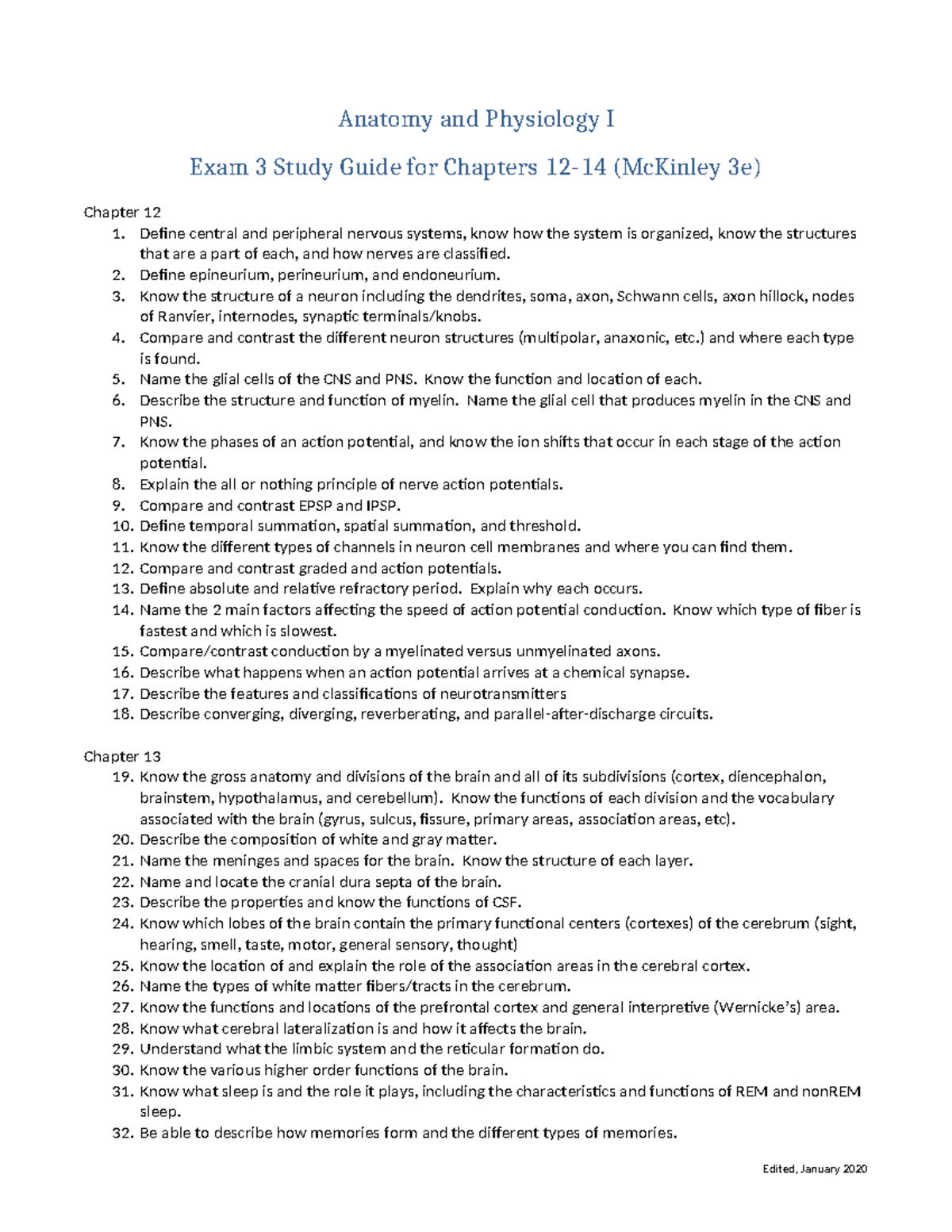 Anatomy and Physiology I Exam 3 Study Guide: Chapters 12-14 - Anatomy ...