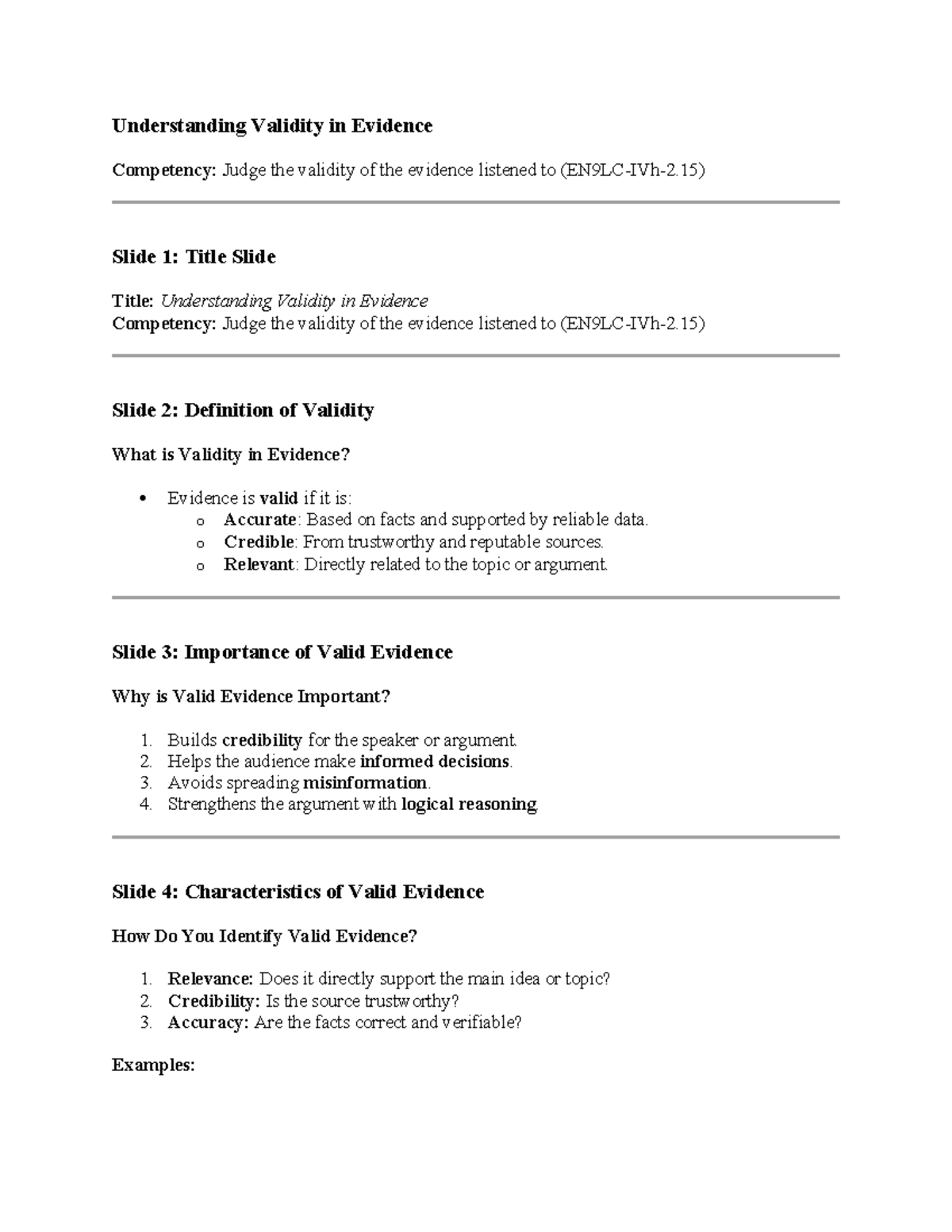 Understanding Validity in Evidence (EN9LC-IVh-2) - Key Concepts & Evaluation - Studocu