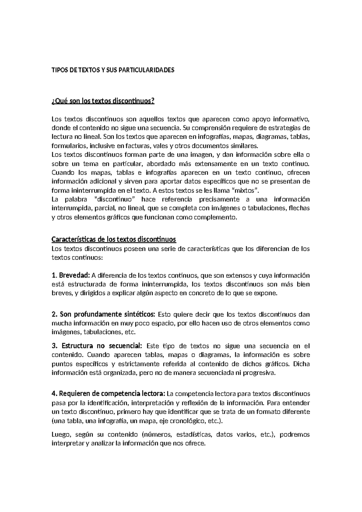 Tipos de Textos Discontinuos y Continuos: Características y Ejemplos - Studocu