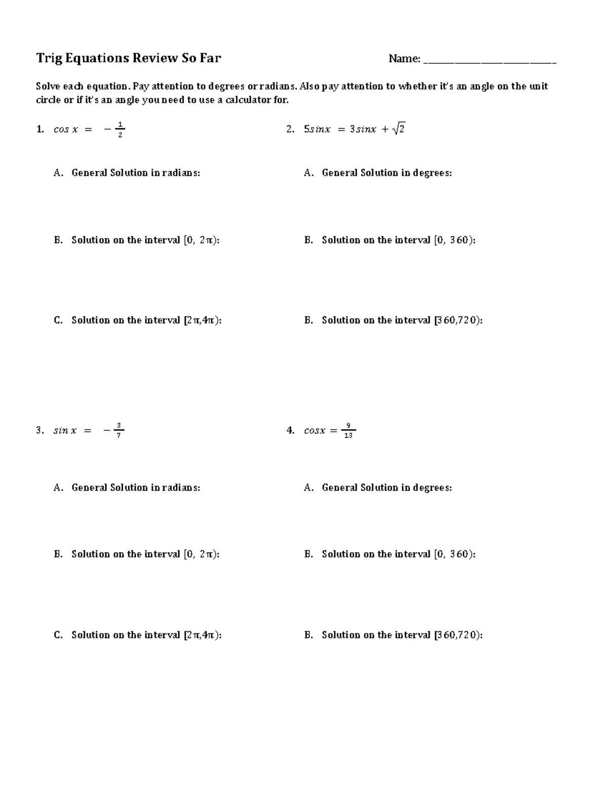 MATH 101 - Trig Equations Review for Final Exam Preparation - Studocu