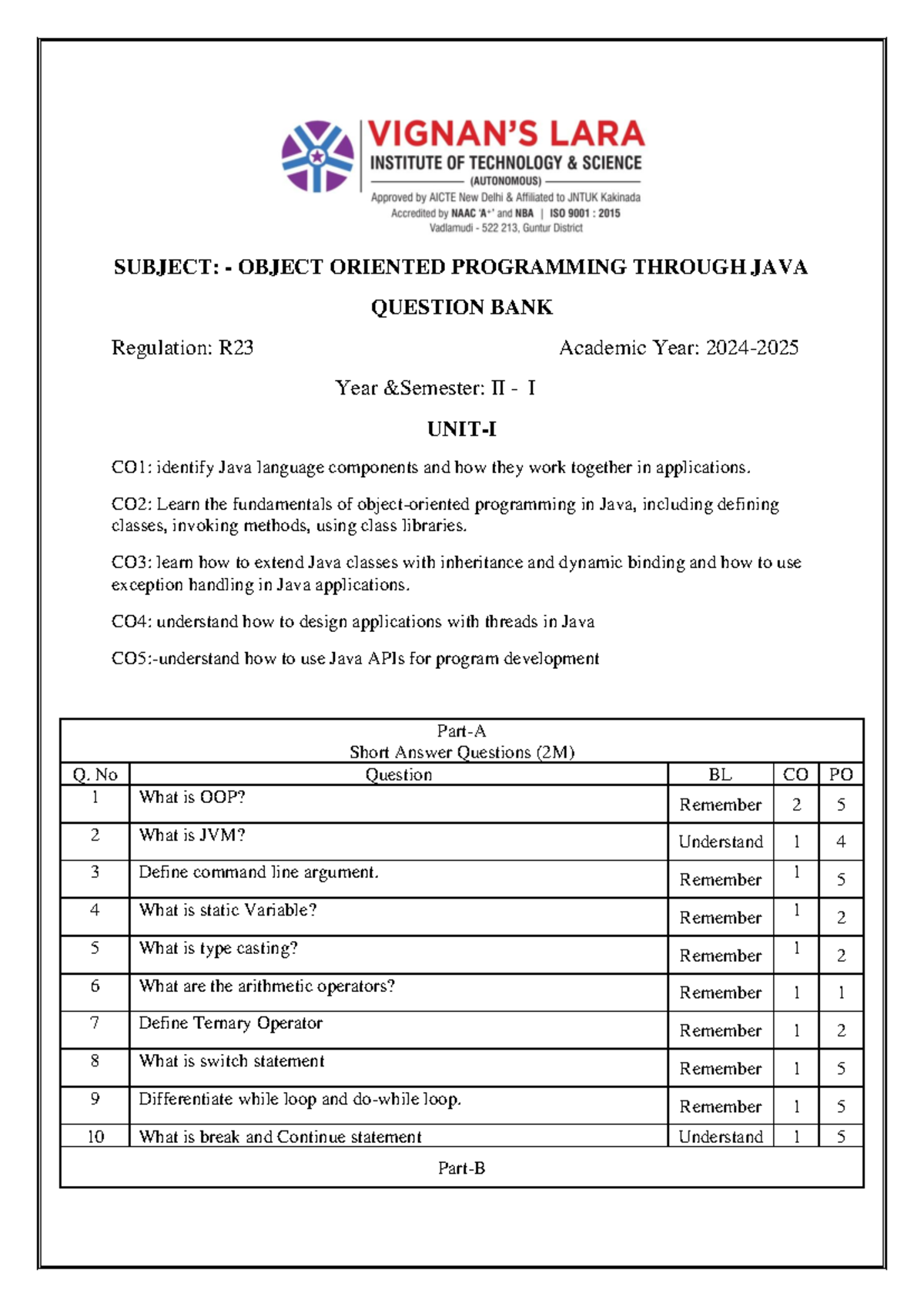 Java Unit 1 Question Bank Subject Object Oriented Programming Through Java Question Bank
