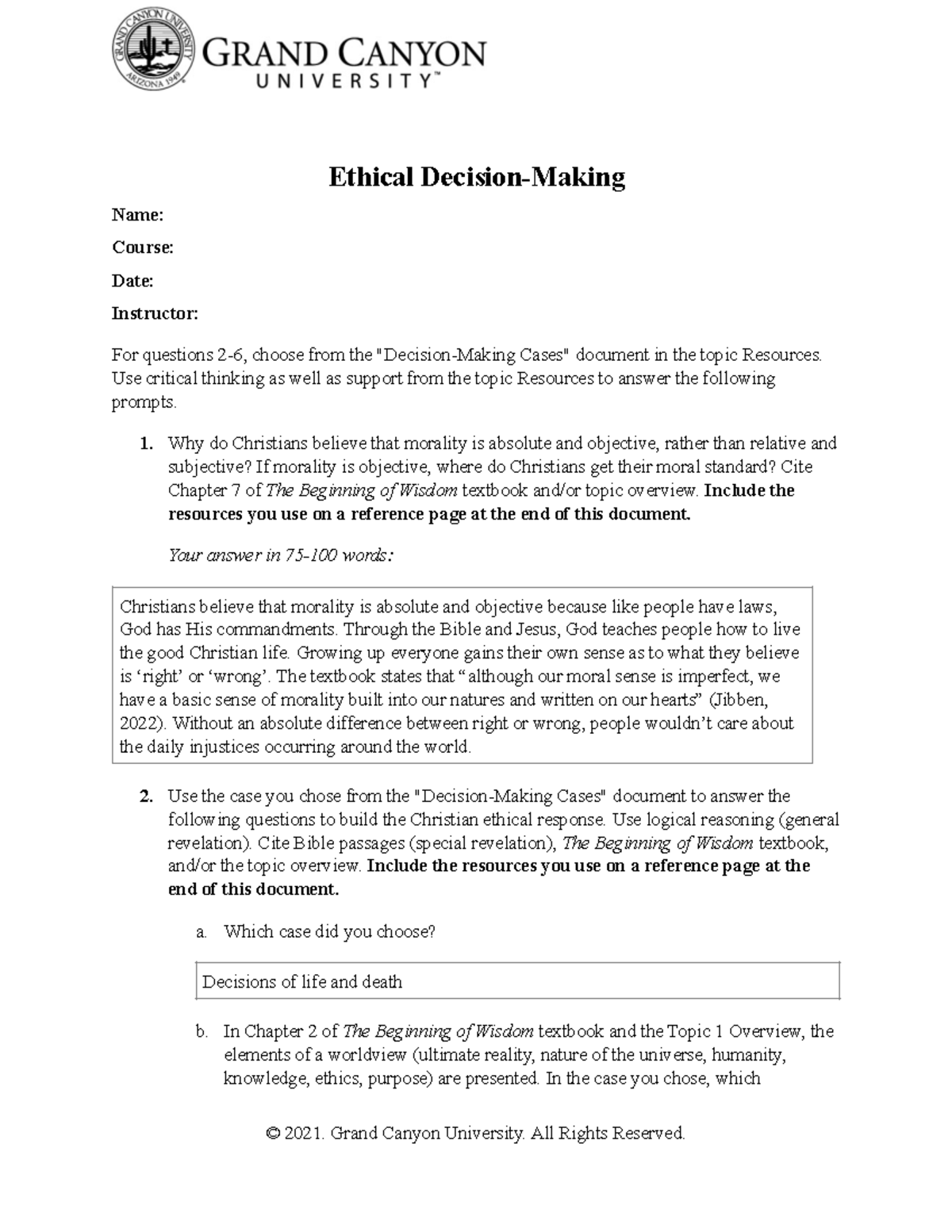 Cwv-101 Ethical Decision-Making Case Study Analysis - Studocu
