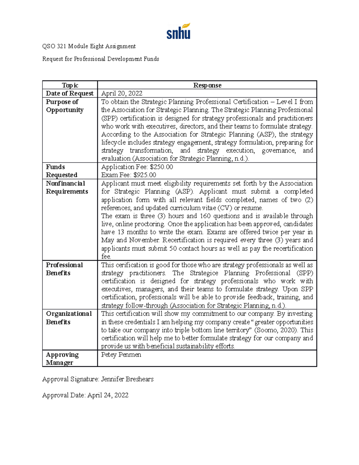 QSO 321 Module 8 Assignment: Request for Professional Development Funds ...
