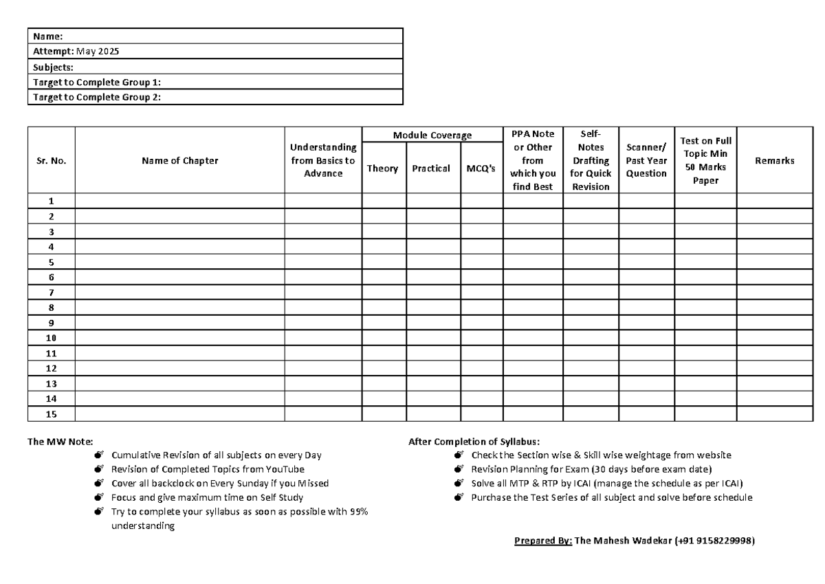 Self Analysis Form Inter - Name: Attempt: May 2025 Subjects: Target to ...