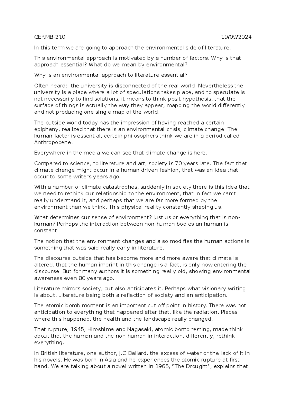 ENG 101: Class 1 - Exploring Environmental Themes in Waterland - Studocu