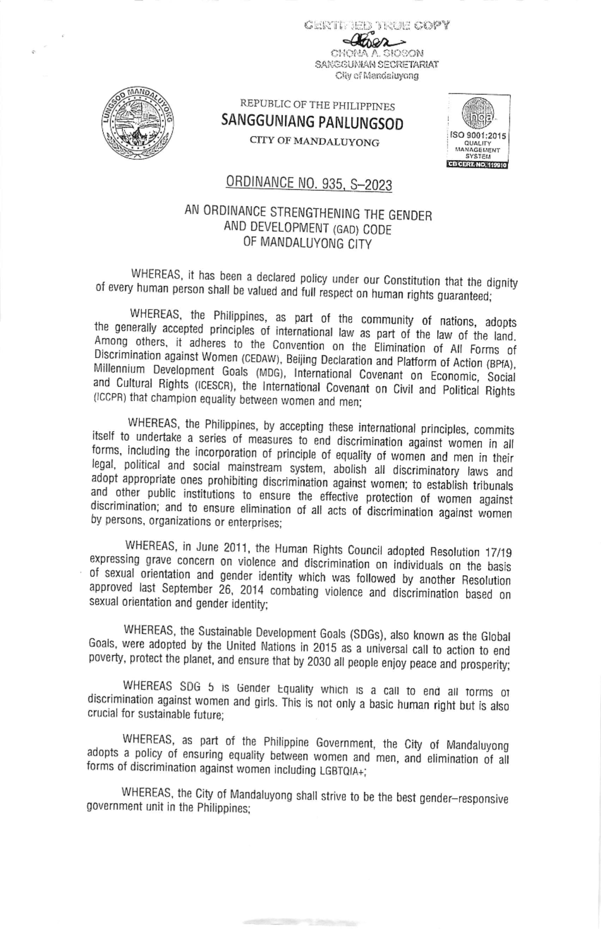 Ordinance No. 935: Strengthening the Gender and Development Code of ...