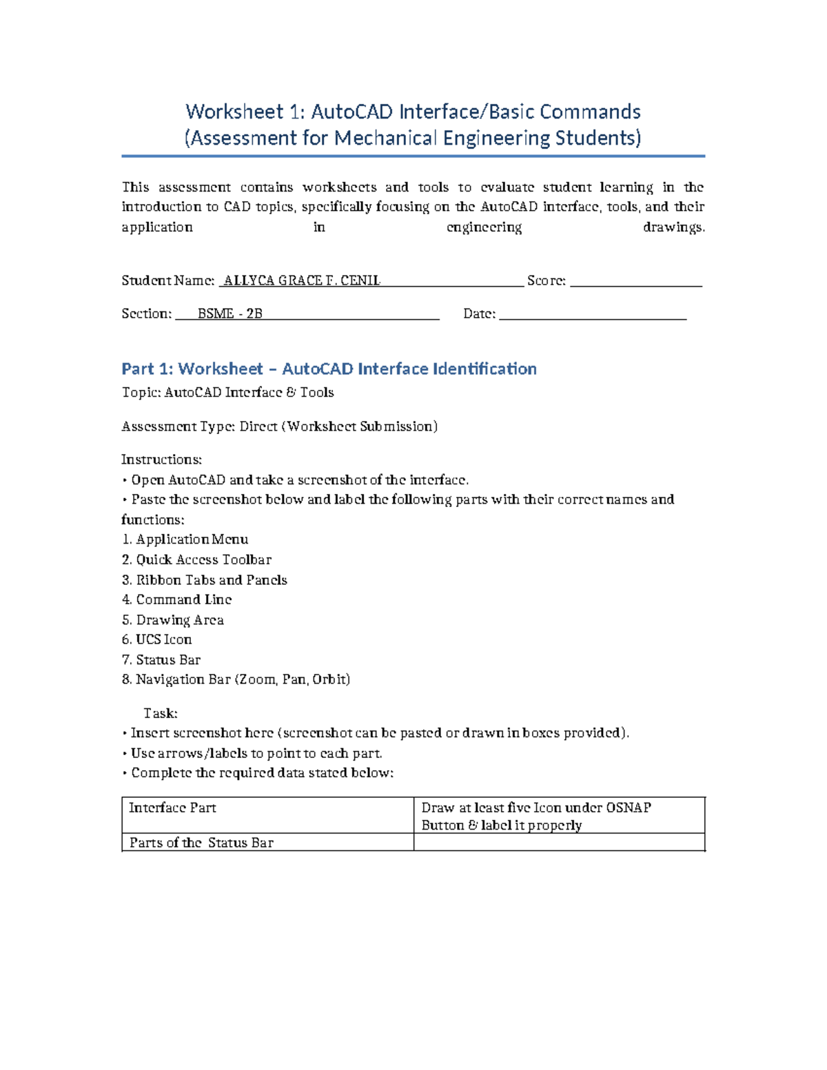 ME 101: Worksheet 1 - AutoCAD Commands Assessment for CAD Intro - Studocu