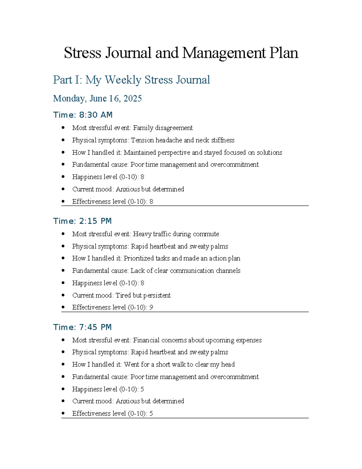 Stress Journal and Management Plan Part I: Weekly Reflections and ...