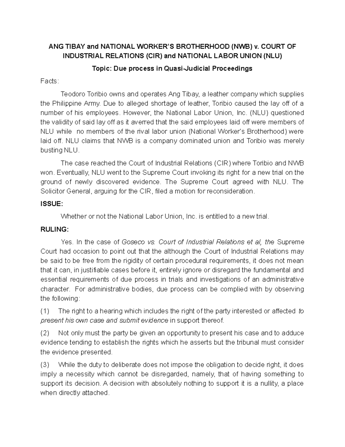 ANG Tibay v CIR (Labor Case) - ANG TIBAY and NATIONAL WORKER’S ...