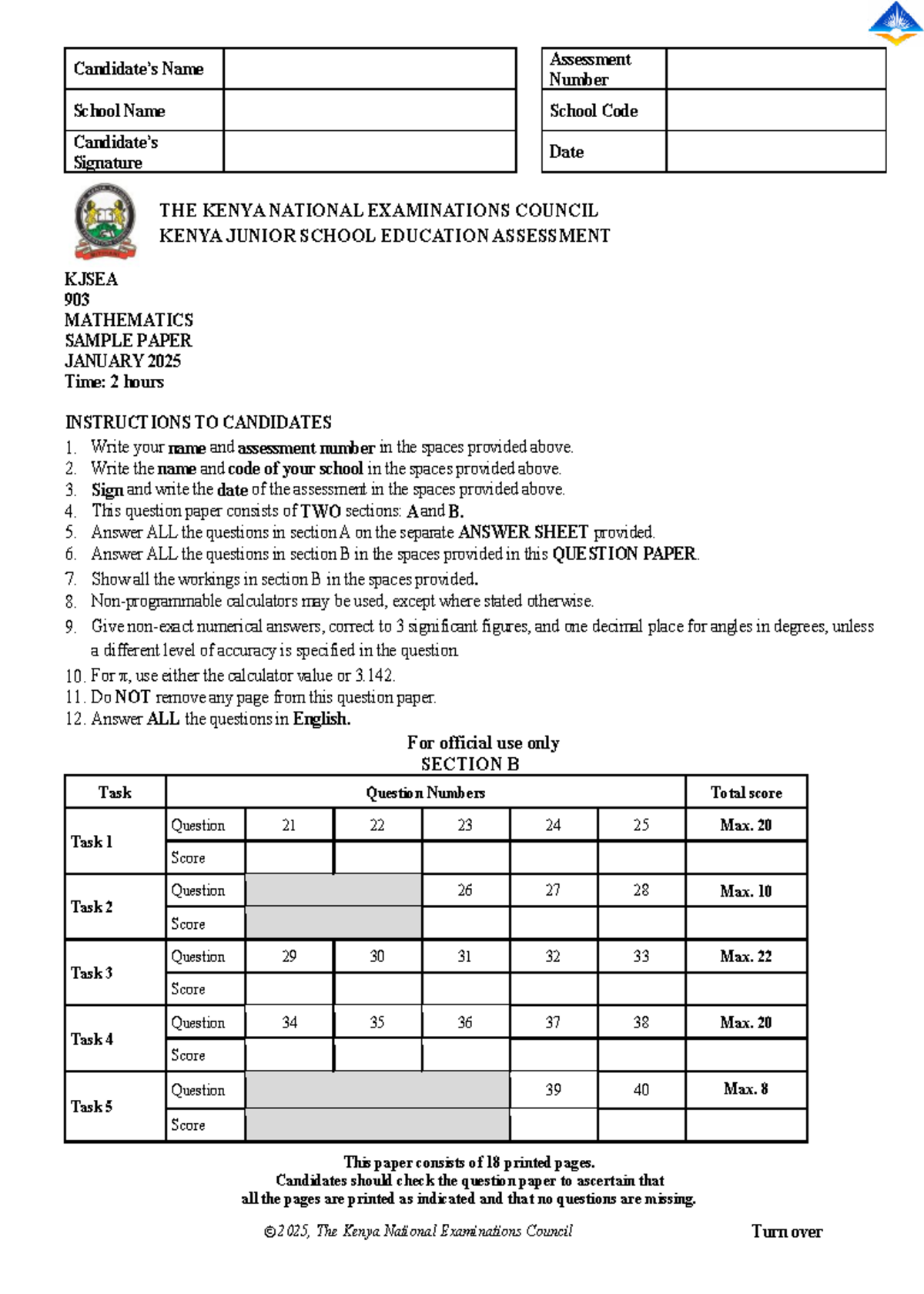 MATH KJSEA - Sample Mathematics Assessment Paper January 2025 - Studocu