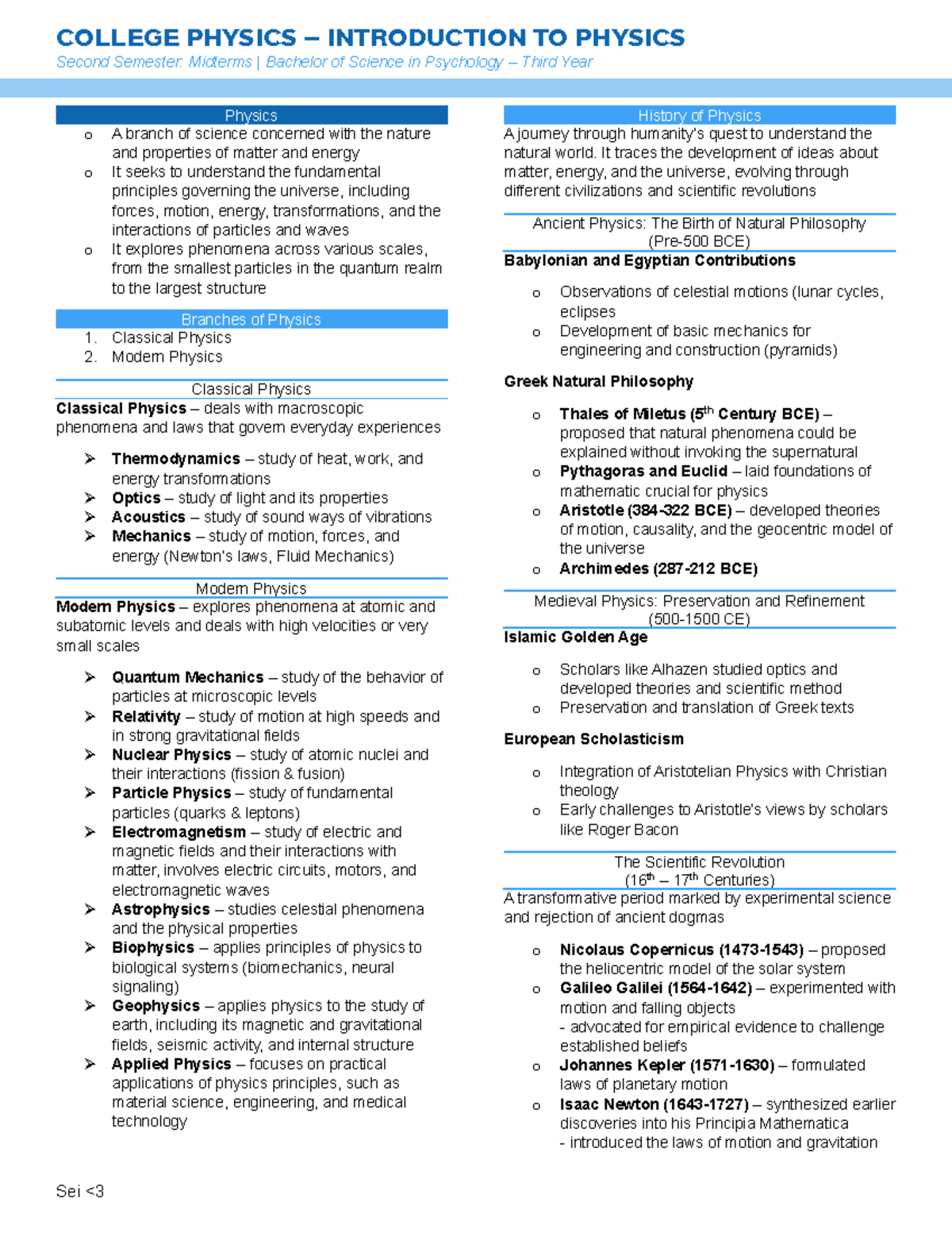 COLLEGE PHYSICS PHYSICS INTRODUCTION TO PHYSICS Midterm Study Notes BSc ...