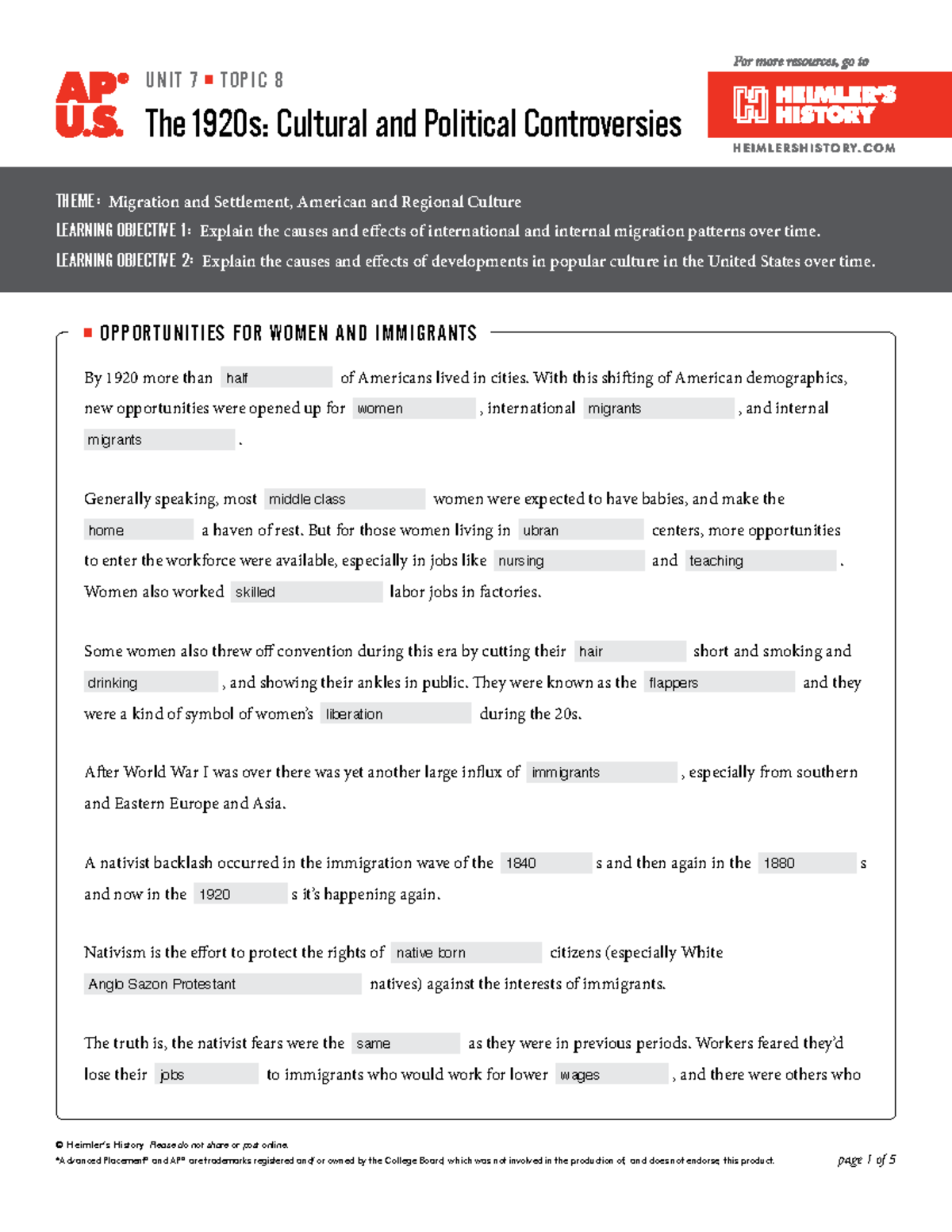 UNIT 7 TOPIC 8 Review Notes: The 1920s Cultural & Political Changes ...