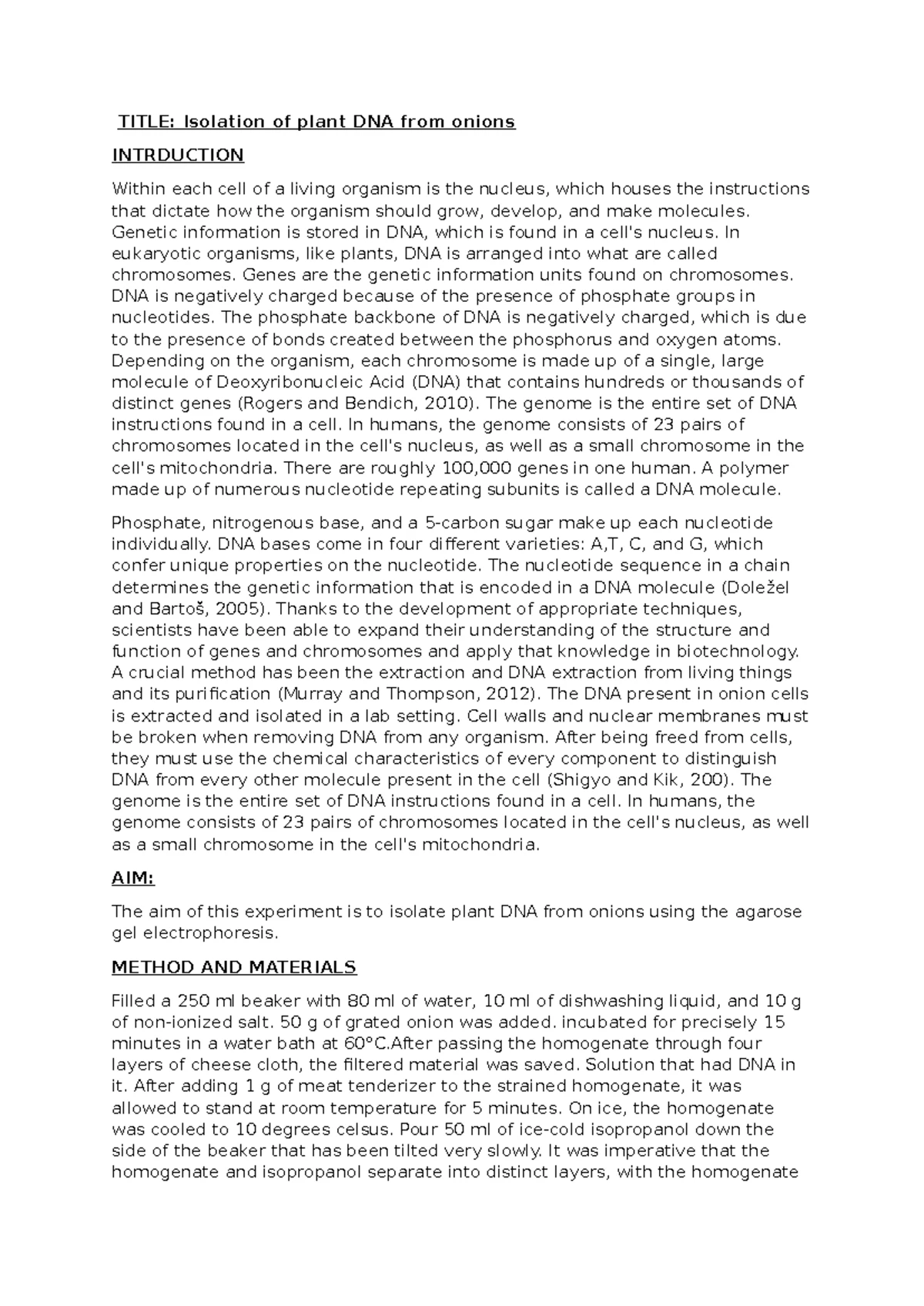 BCH212 PRAC7 - Isolation of Plant DNA from Onions: Methods & Results ...