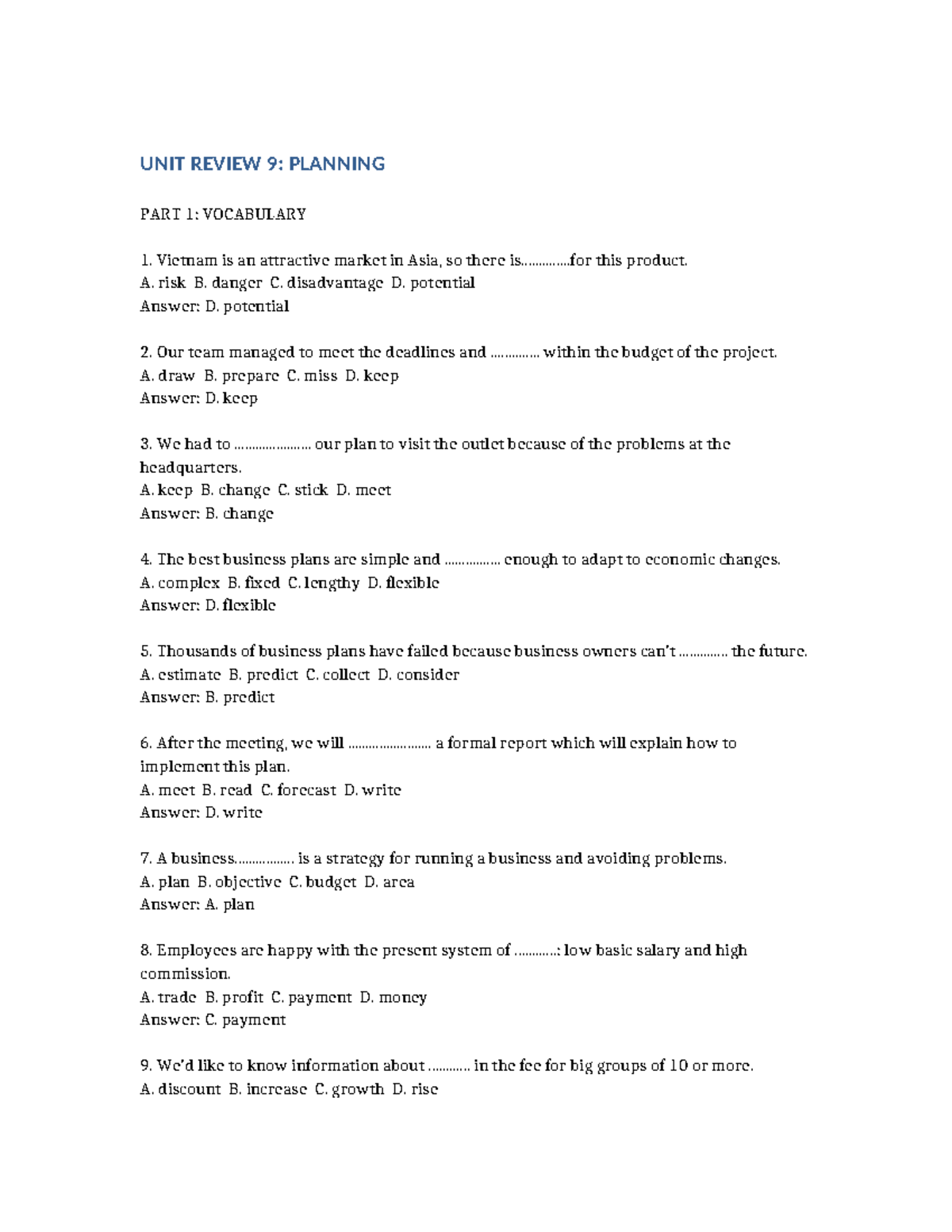 UNIT REVIEW 9: PLANNING VOCABULARY & GRAMMAR EXERCISES - Studeersnel