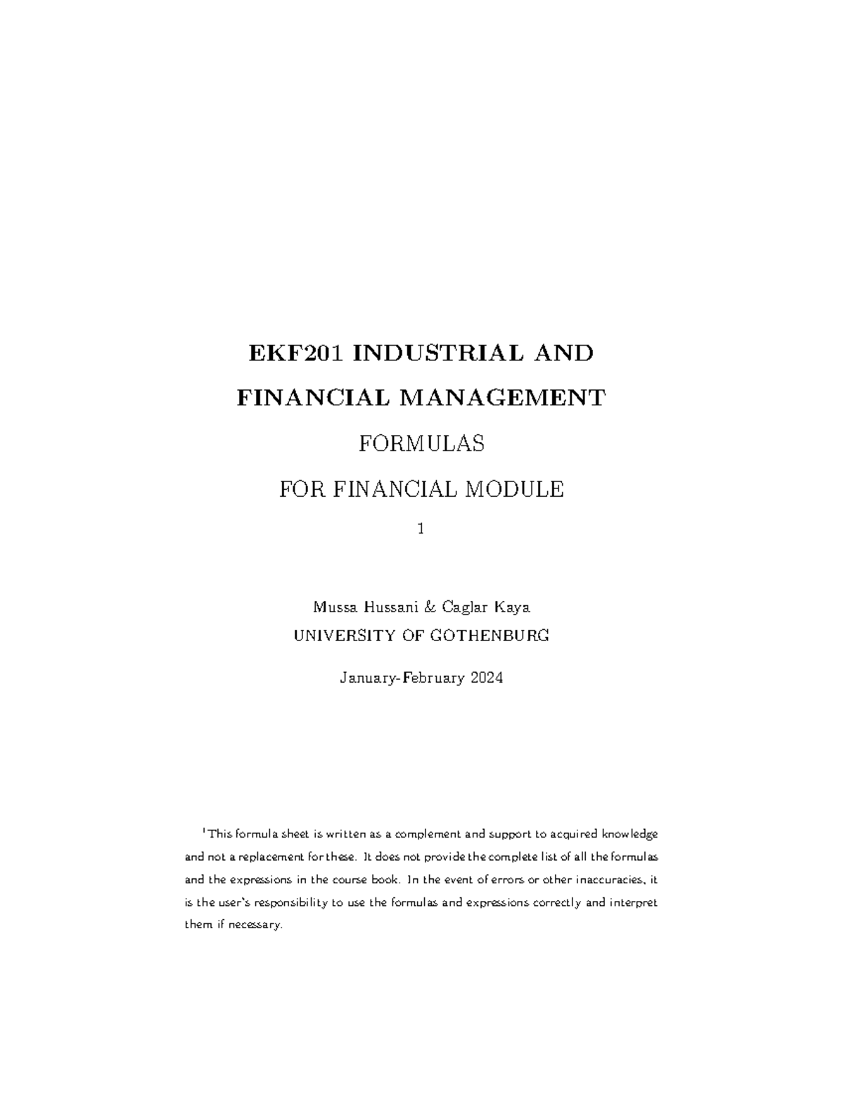 Formelblad EKF201: Financial Management Formulas for Module 1 - Studocu