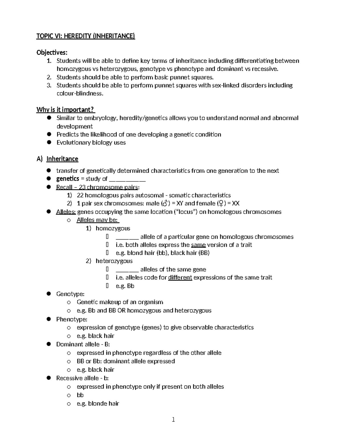 6 - Topic VI: Heredity (Inheritance) Overview and Key Concepts - Studocu
