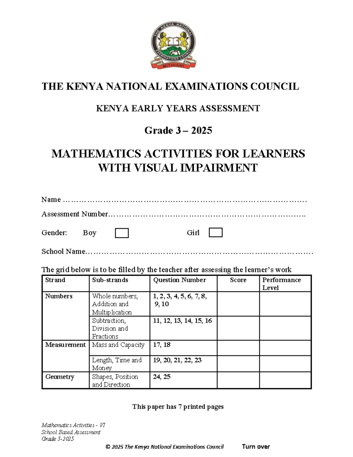 MAT 3 2025 Visual Impairment Mathematics Activities Assessment - Studocu