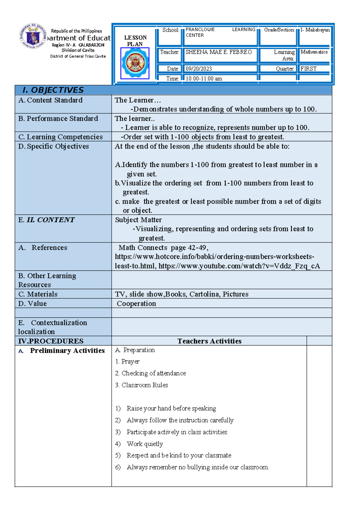 Mathematics Lesson Plan: Ordering Whole Numbers (1st Quarter) - Studocu