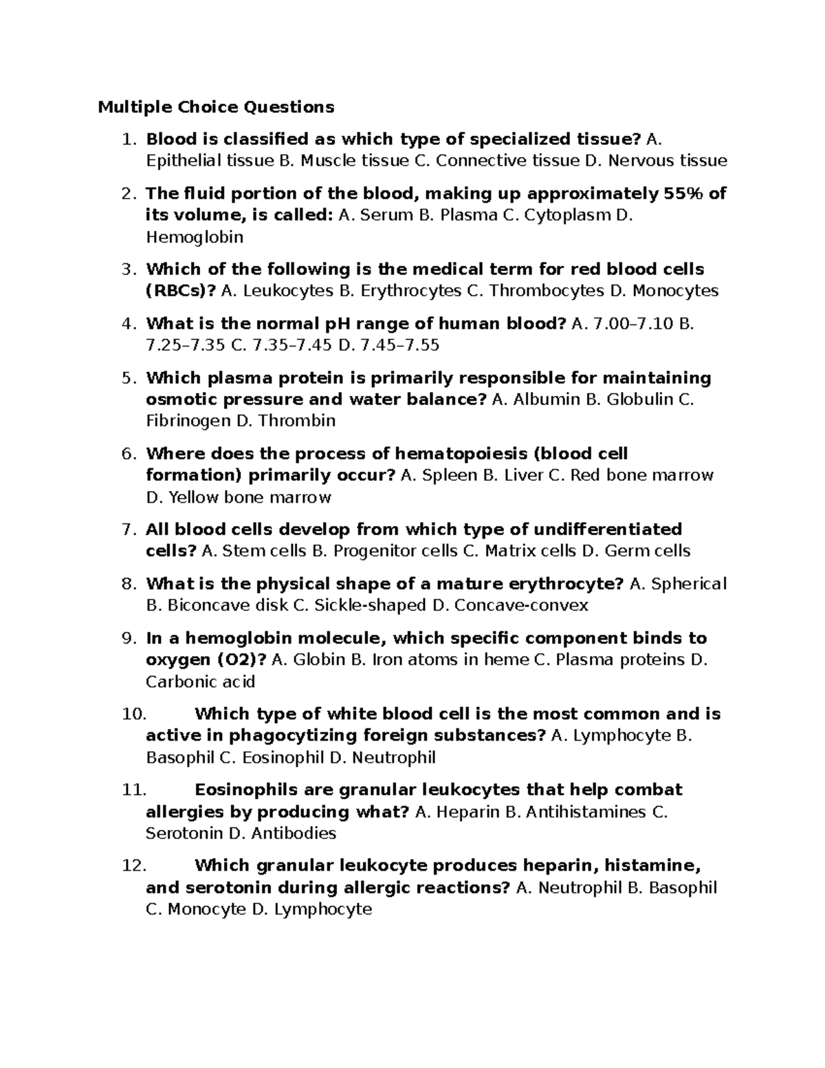 Blood Worksheet - Practice MCQs and Short Answers - Studocu