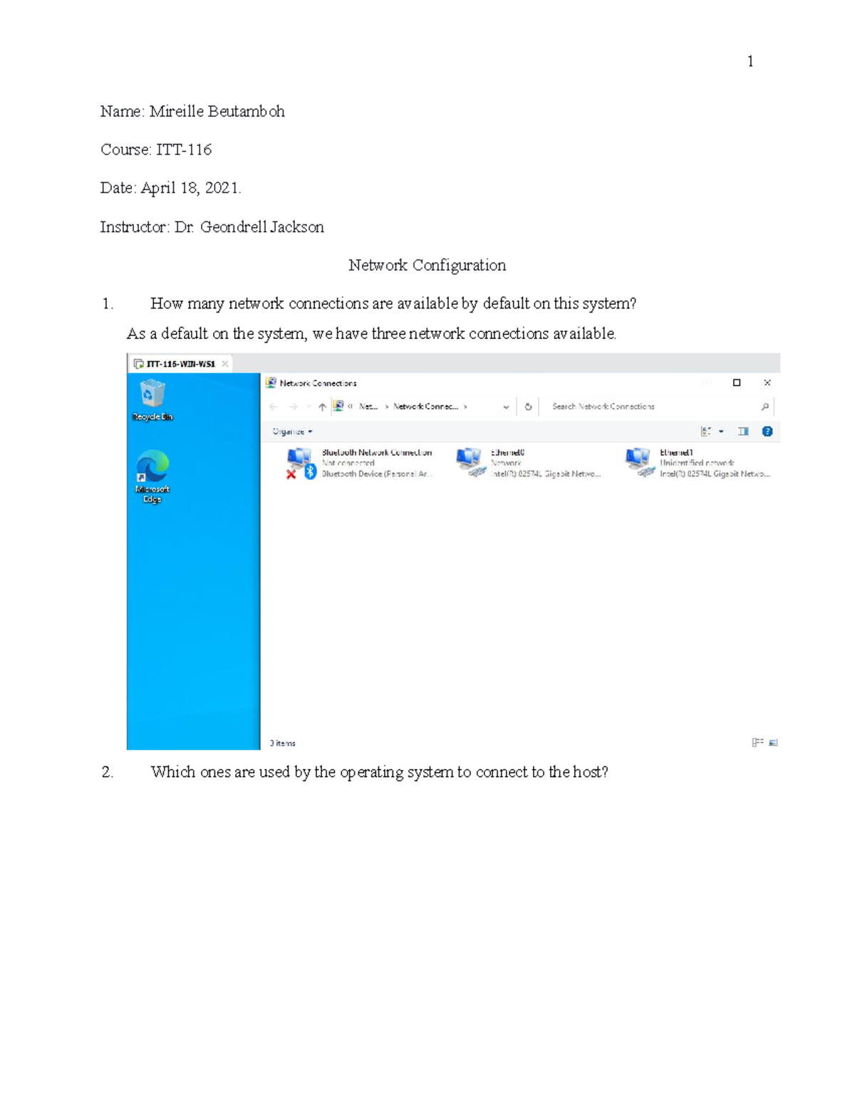 ITT-116 Network Configuration: Default Connections & IP Details - Studocu
