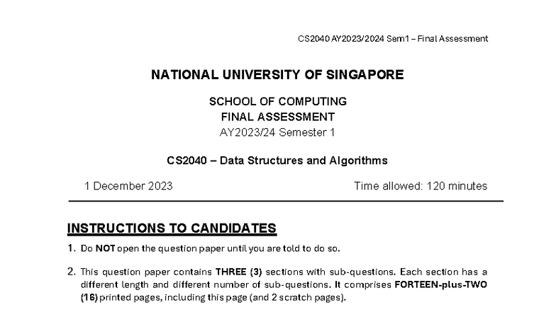CS2040 Sem1 Final Assessment Questions - Data Structures & Algorithms ...