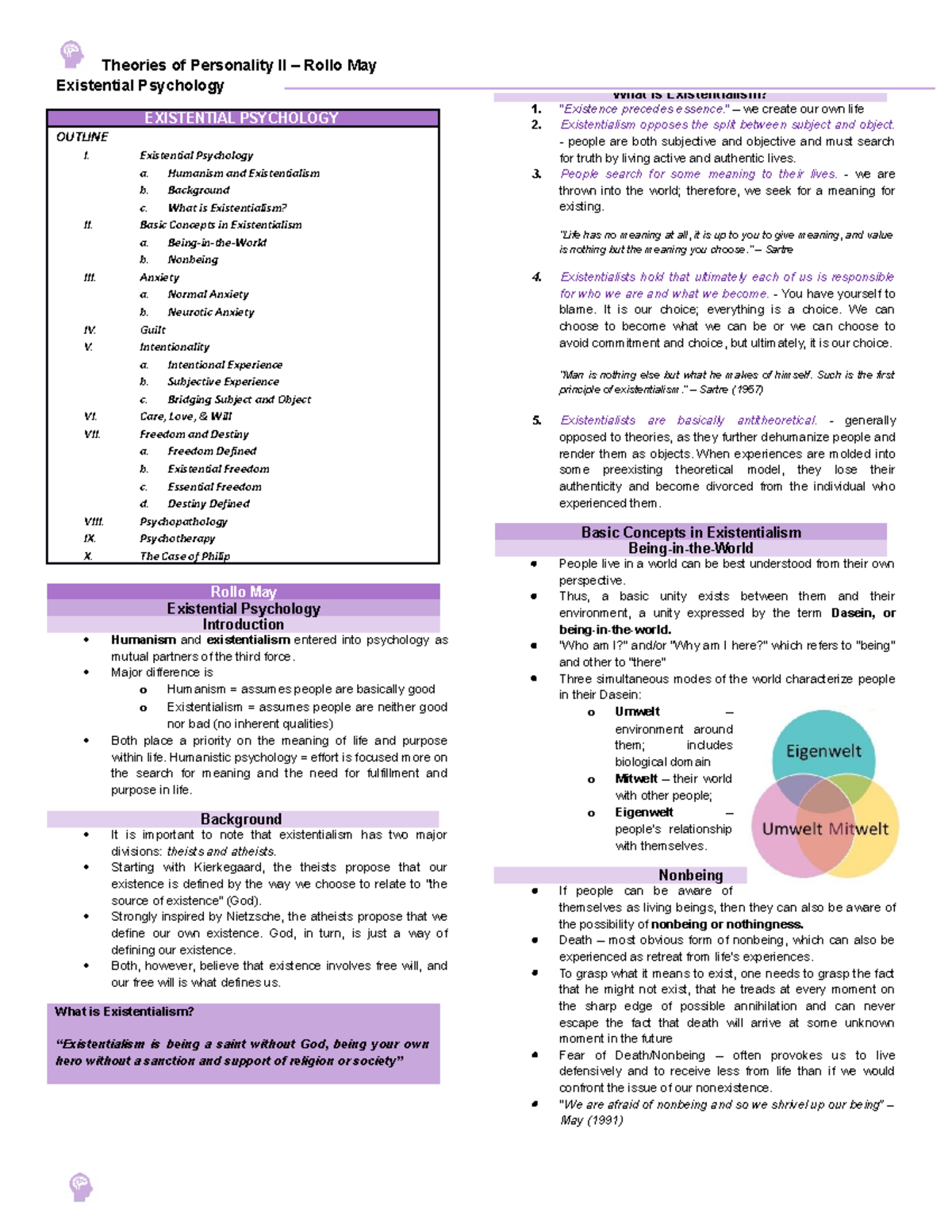 TOP 2 Notes - Rollo May's Existential Theory Overview - Studocu