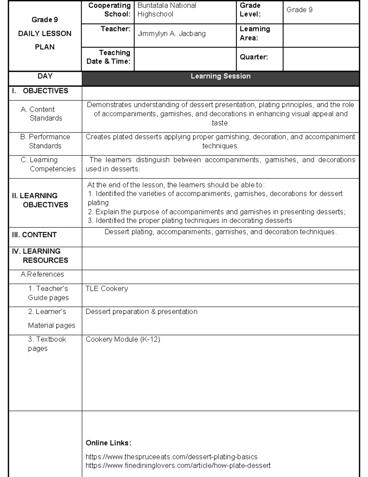 Grade 9 Daily Lesson Plan: Dessert Plating Techniques - Studocu