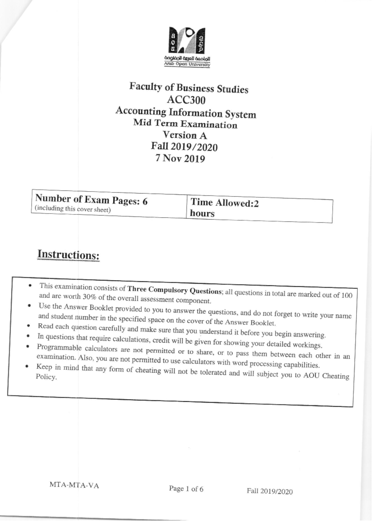 ACC300 Accounting Information System Midterm Exam Fall 2019-2020 - Studocu