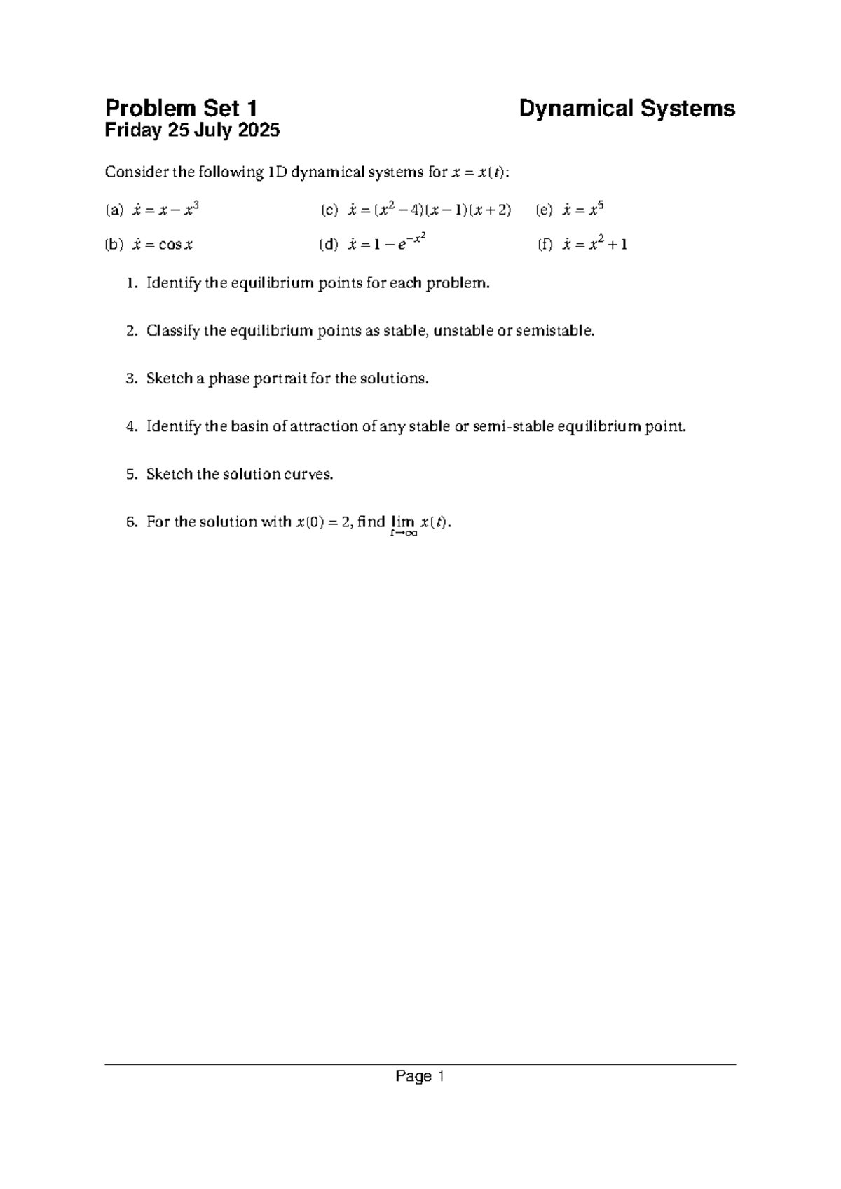 Map_312 Problem Set 1: Analyzing 1D Dynamical Systems - Studocu