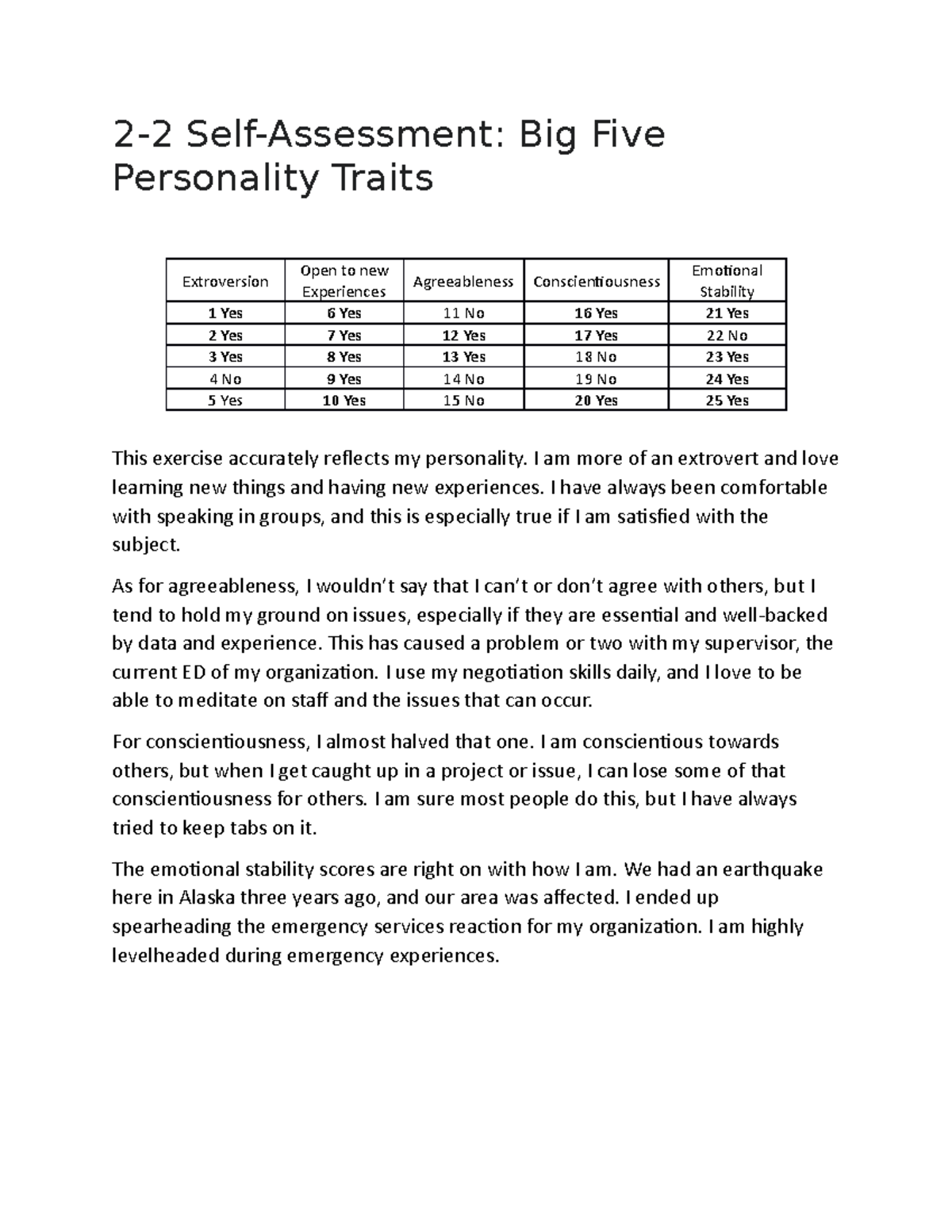 OL-600-X2208 2-2 Self-Assessment on Big Five Personality Traits - Studocu