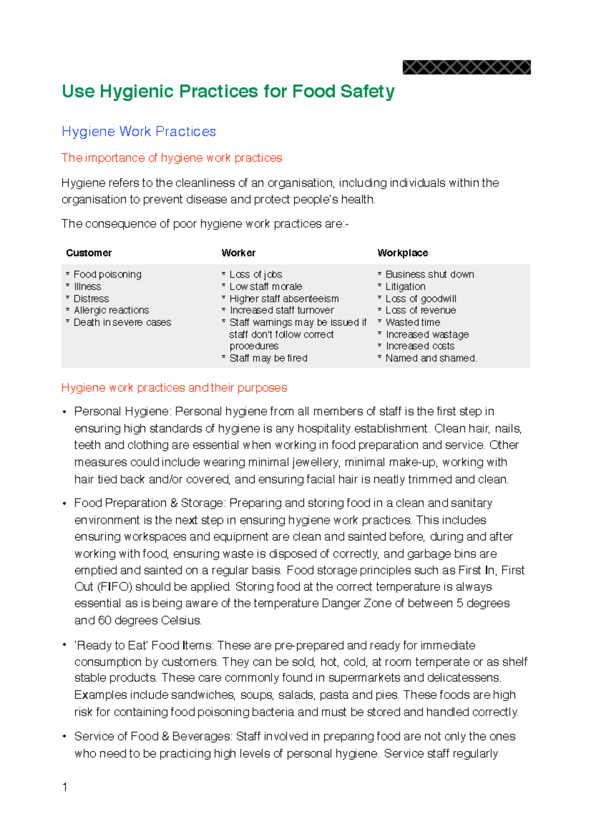 Hygiene Work Practices for Food Safety: Essential Guidelines - Studocu