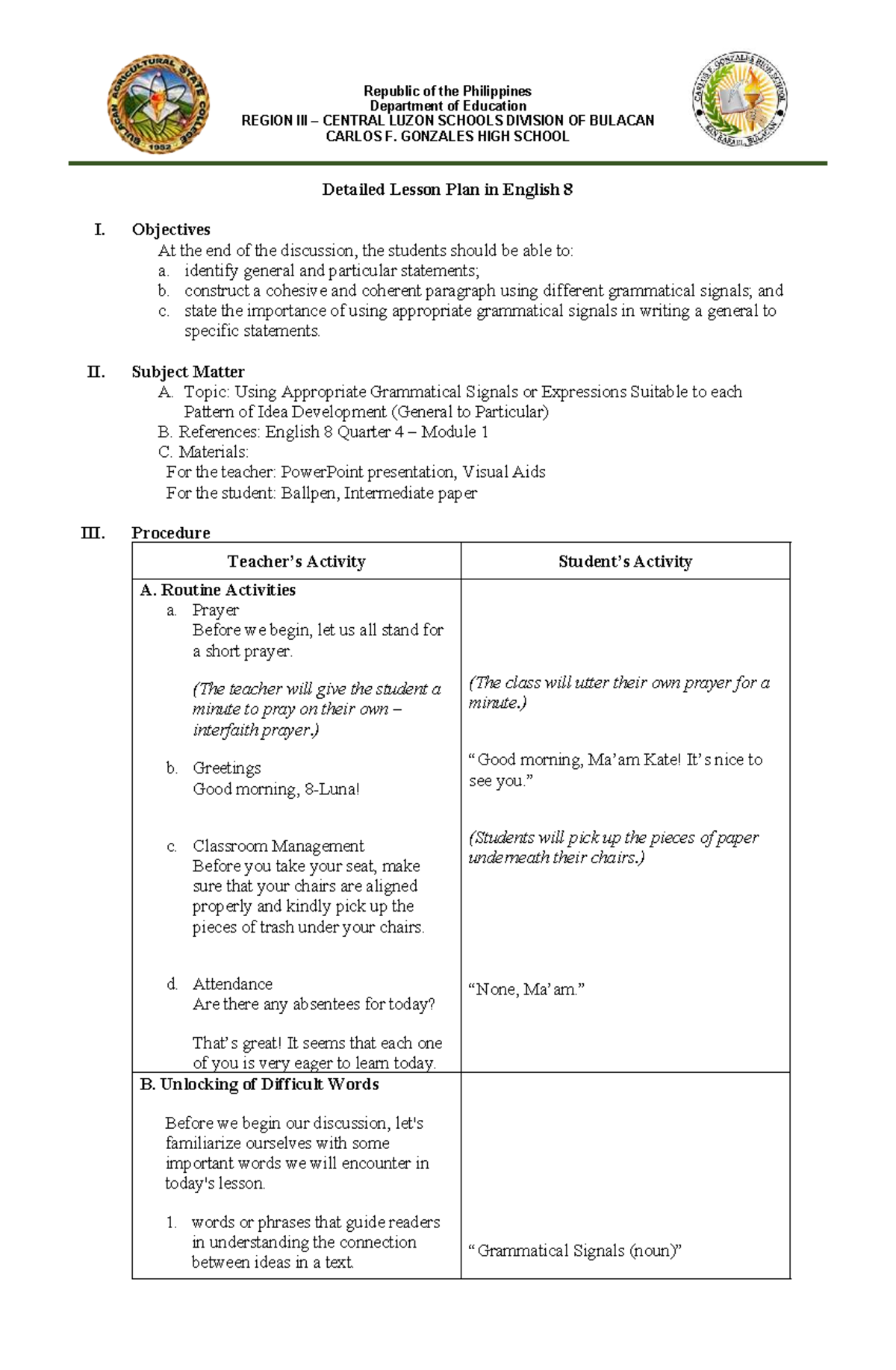 DLP in English 8 Q4M1: General to Particular Lesson Plan - Studocu