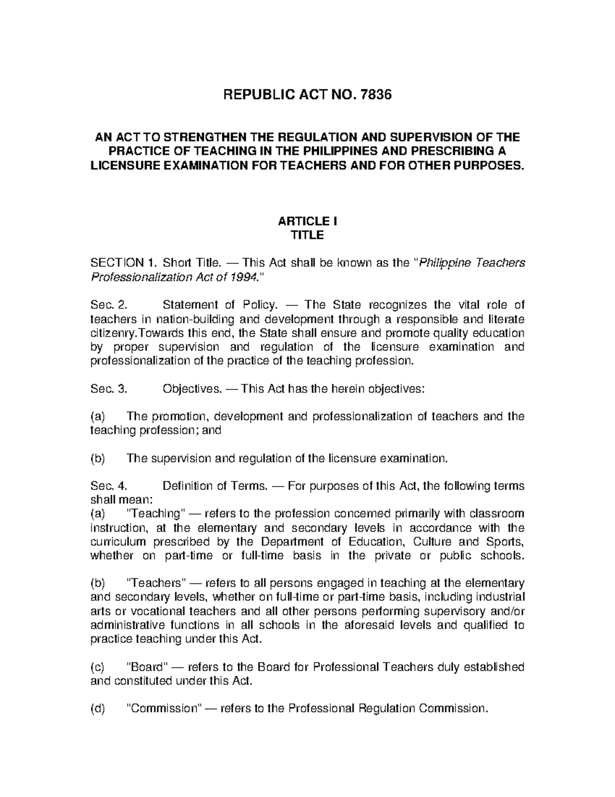 Professional Teachers Licensure Act - RA No. 7836 Overview - Studocu