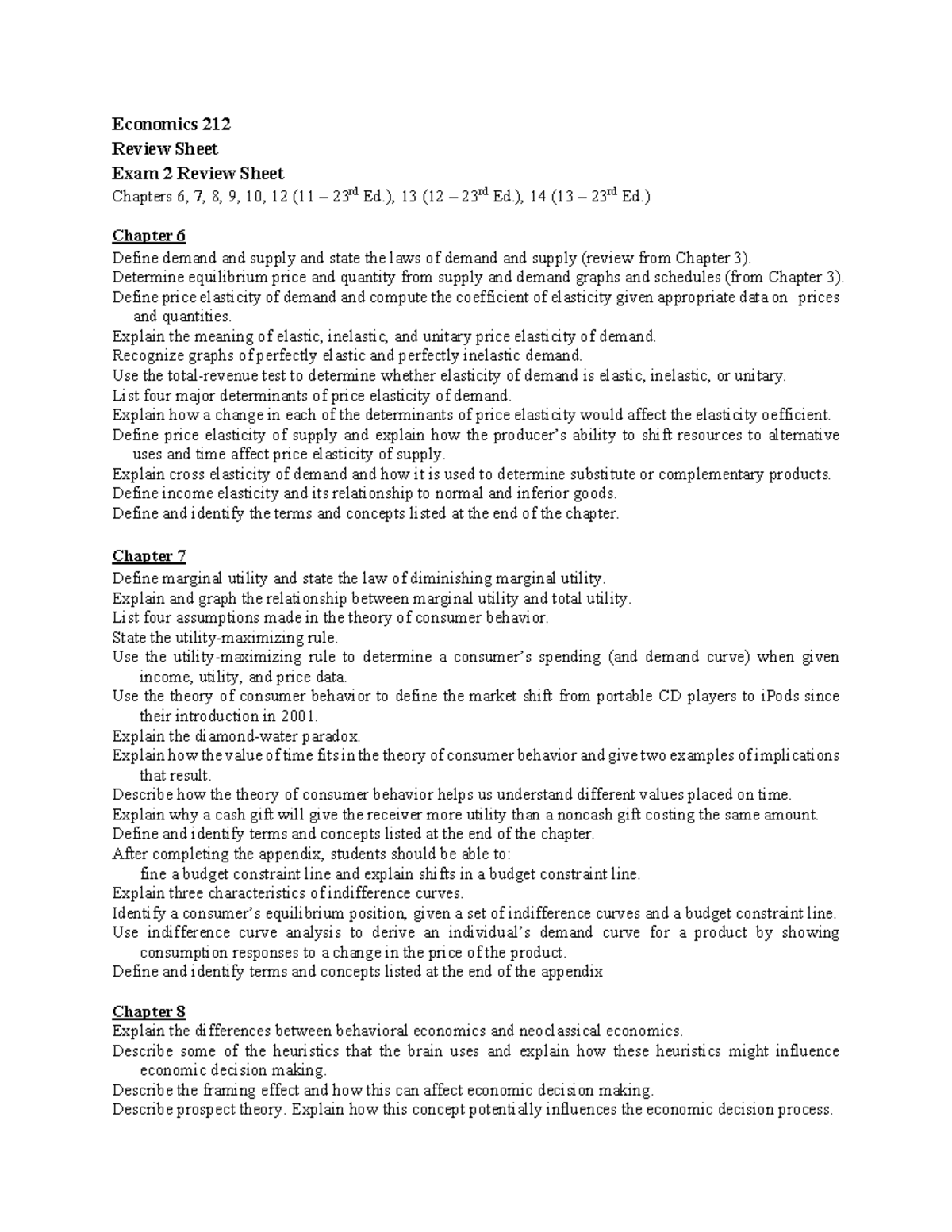 Economics 212 Exam 2 Review Sheet: Chapters 6-14 Insights - Economics ...