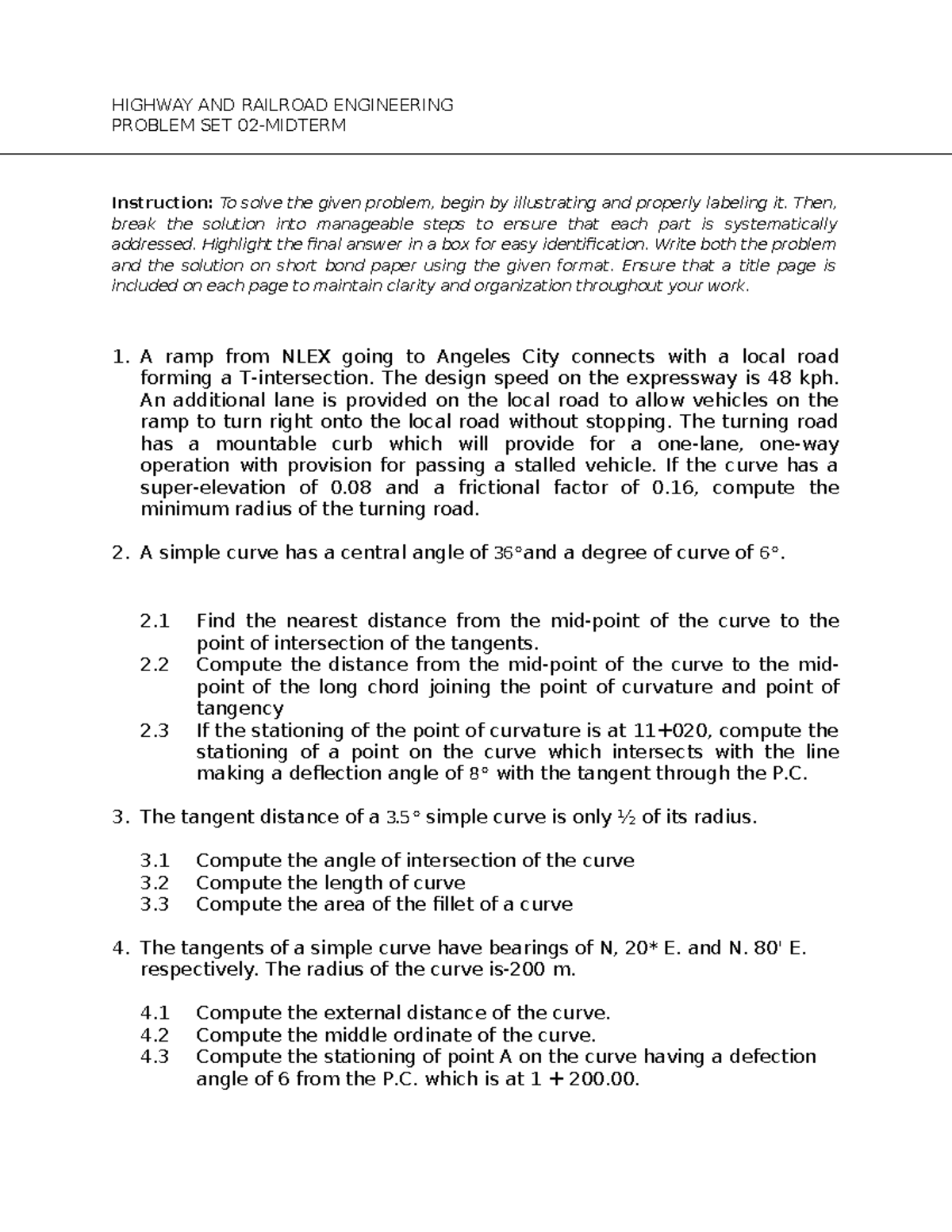 Highway and Railroad Engineering Problem Set 02 - Midterm Exam - Studocu