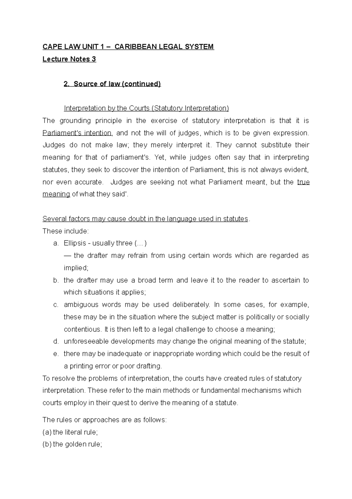 CAPE LAW UNIT 1: Caribbean Legal System Lecture Notes 3 on Statutory ...