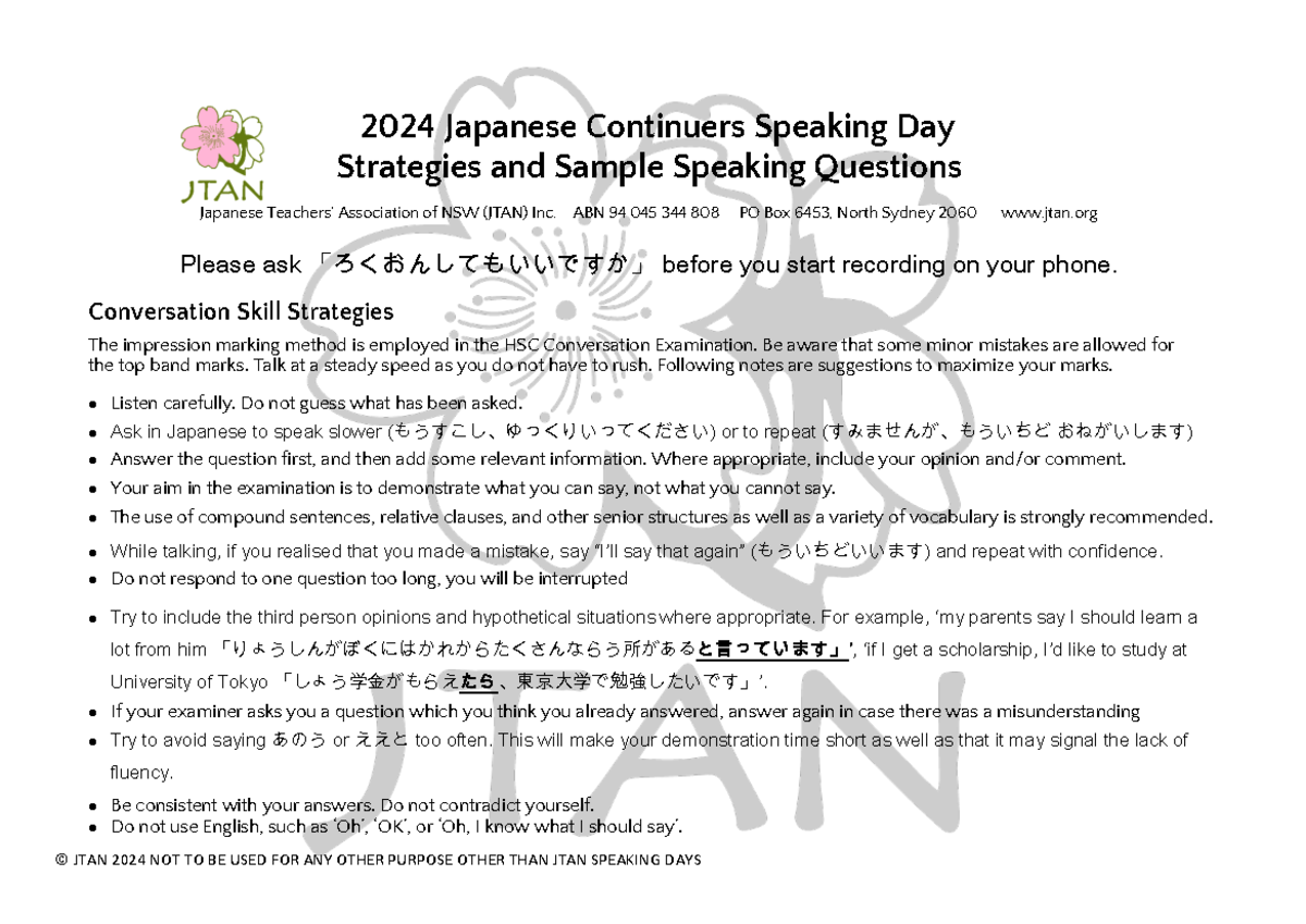 2024 JTAN Japanese Continuers Speaking Day Strategies & Sample ...
