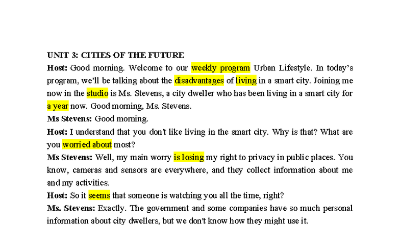 Tapescript UNIT 3-4: Disadvantages of Smart Cities and ASEAN Insights ...