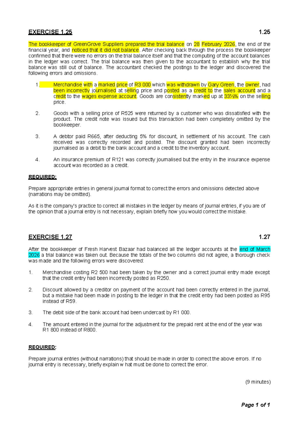 Exercise 1.25 & 1.27: Journal Entries for Error Corrections (2026 ...