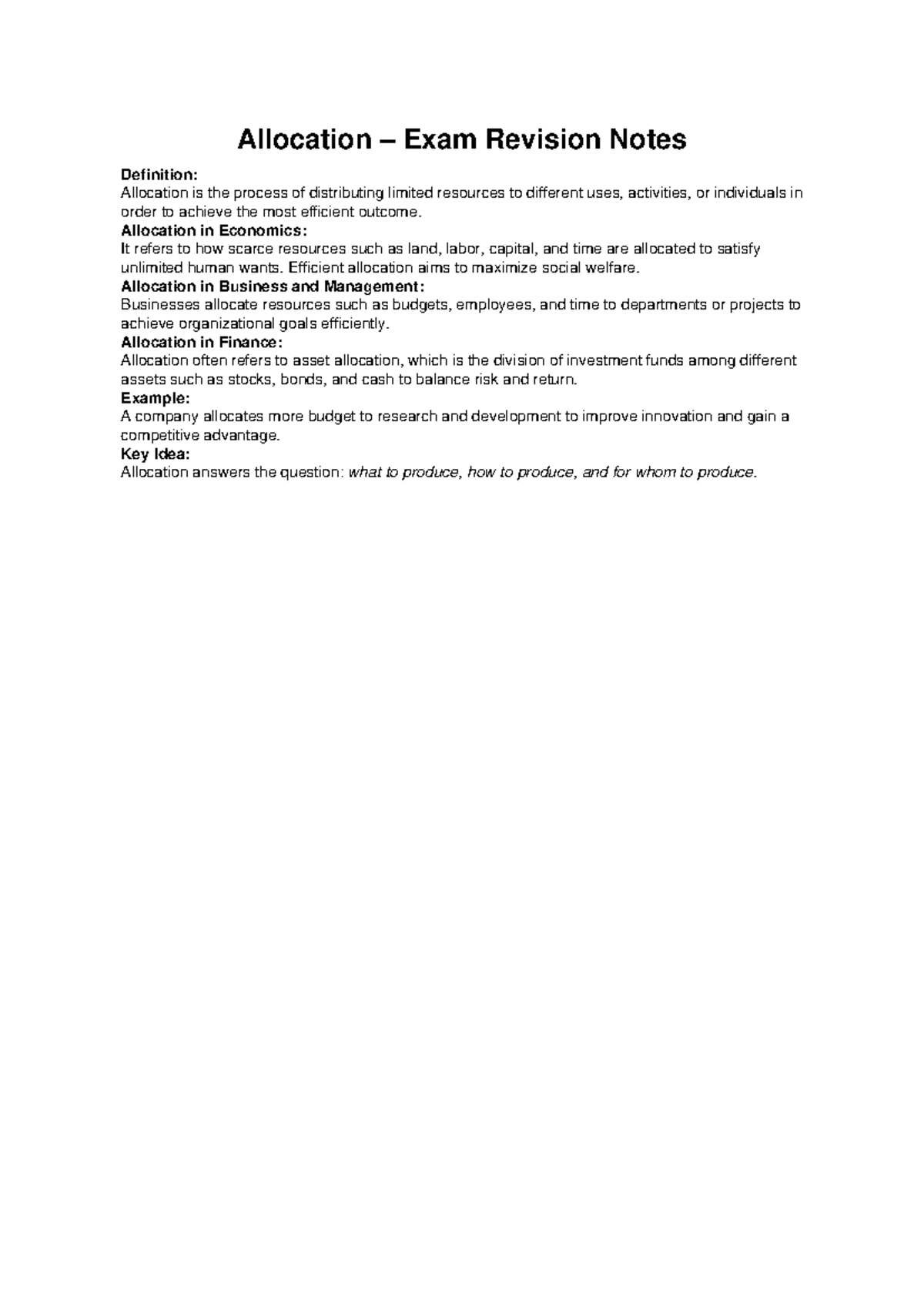 Allocation Exam Revision Notes: Efficient Resource Distribution - Studocu