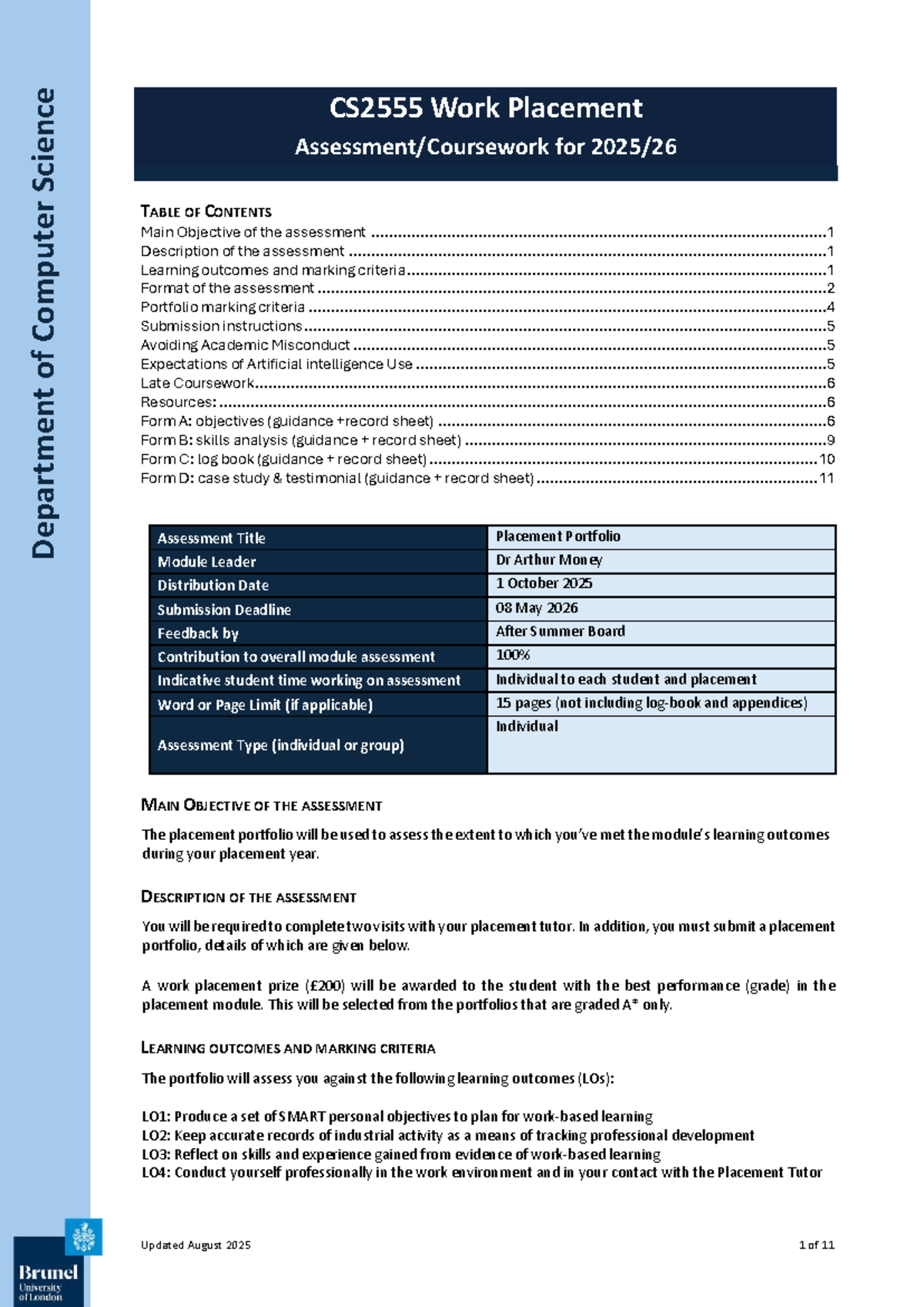 CS2555 Work Placement Portfolio Assessment Brief 2025-26 - Studocu