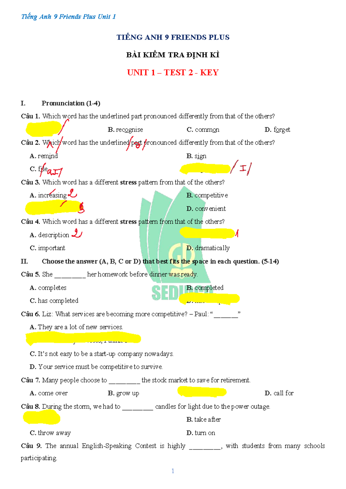 TIẾNG ANH 9 FRIENDS PLUS UNIT 1 TEST 2 ANSWER KEY - Studocu
