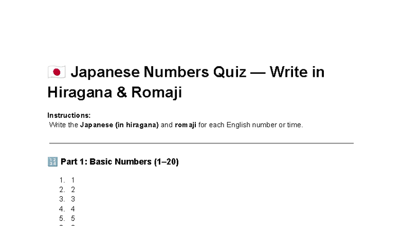 🇯🇵 Japanese Numbers Quiz (Hiragana & Romaji) - FL 101 - Studocu