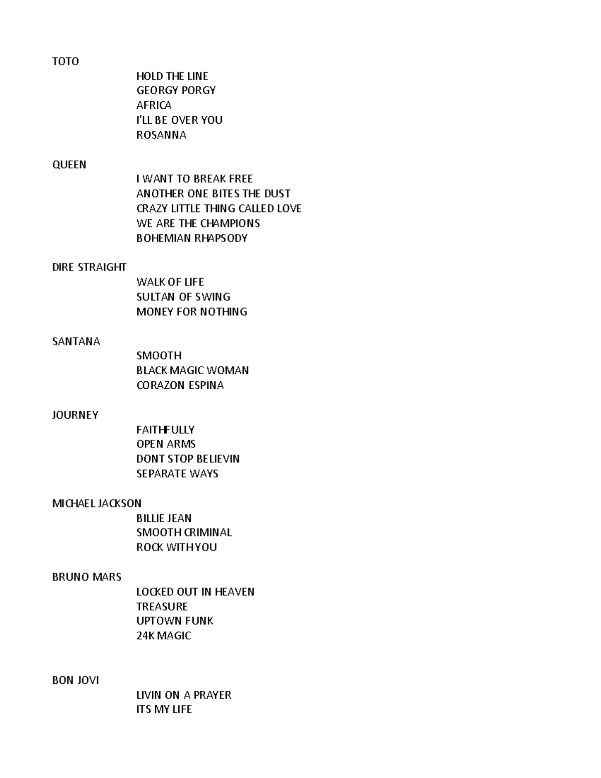 Variety BAND SET LIST - Playlist for alumni homecoming - TOTO HOLD THE ...