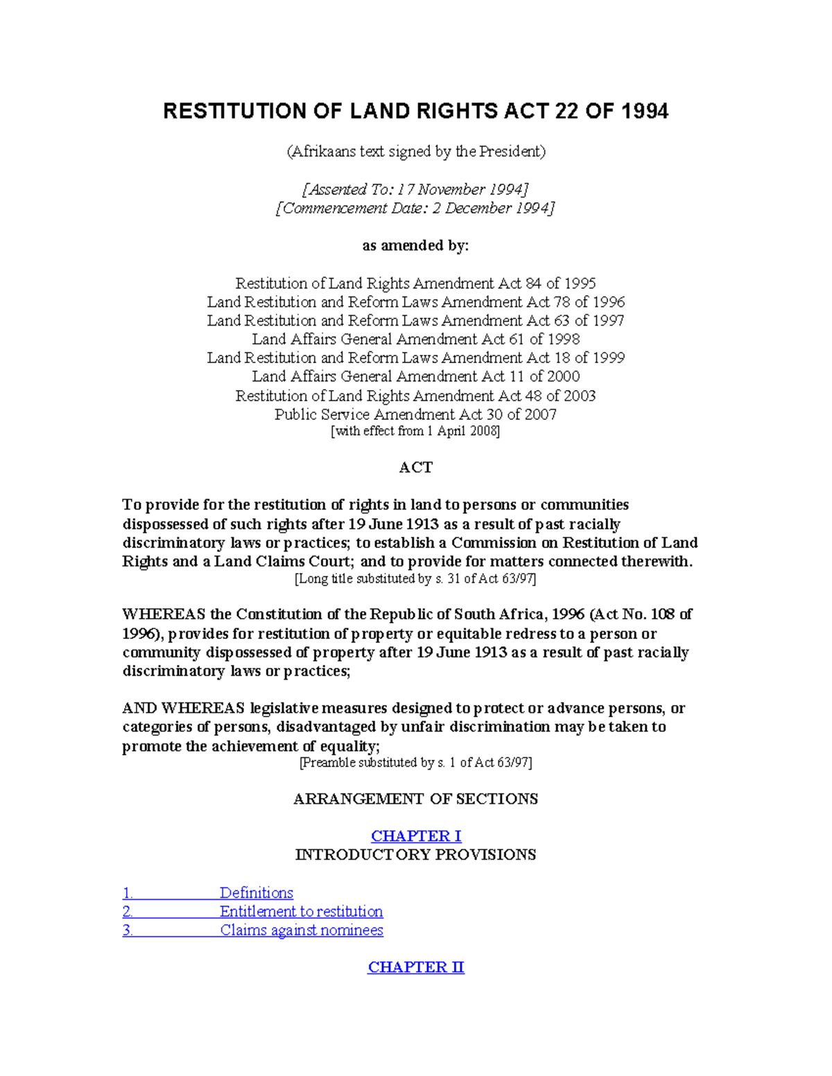 Restitution of Land Rights Act 22 of 1994: Key Provisions Overview ...